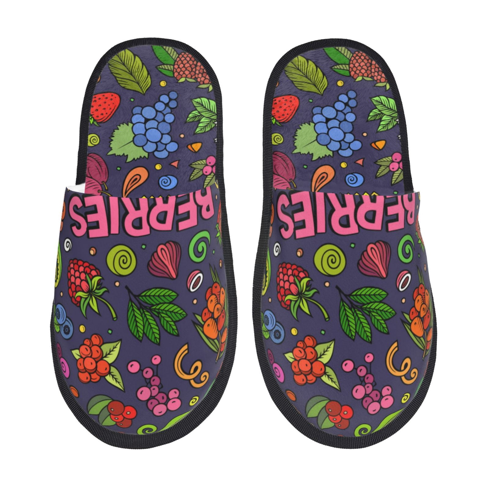 Goofa Berry Fruits Pattern Plush Furry Slippers for Men & Women, Cozy ...