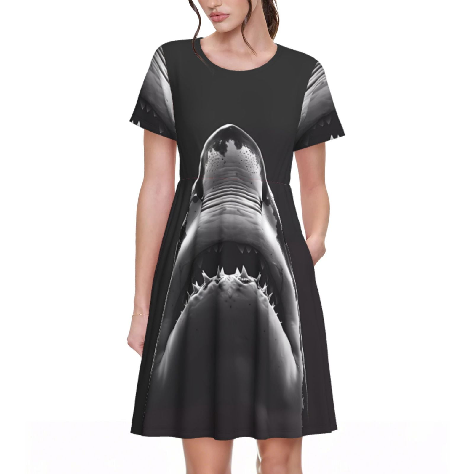 Goofa Black And White Shark Pattern Women Summer Short Sleeve Midi ...