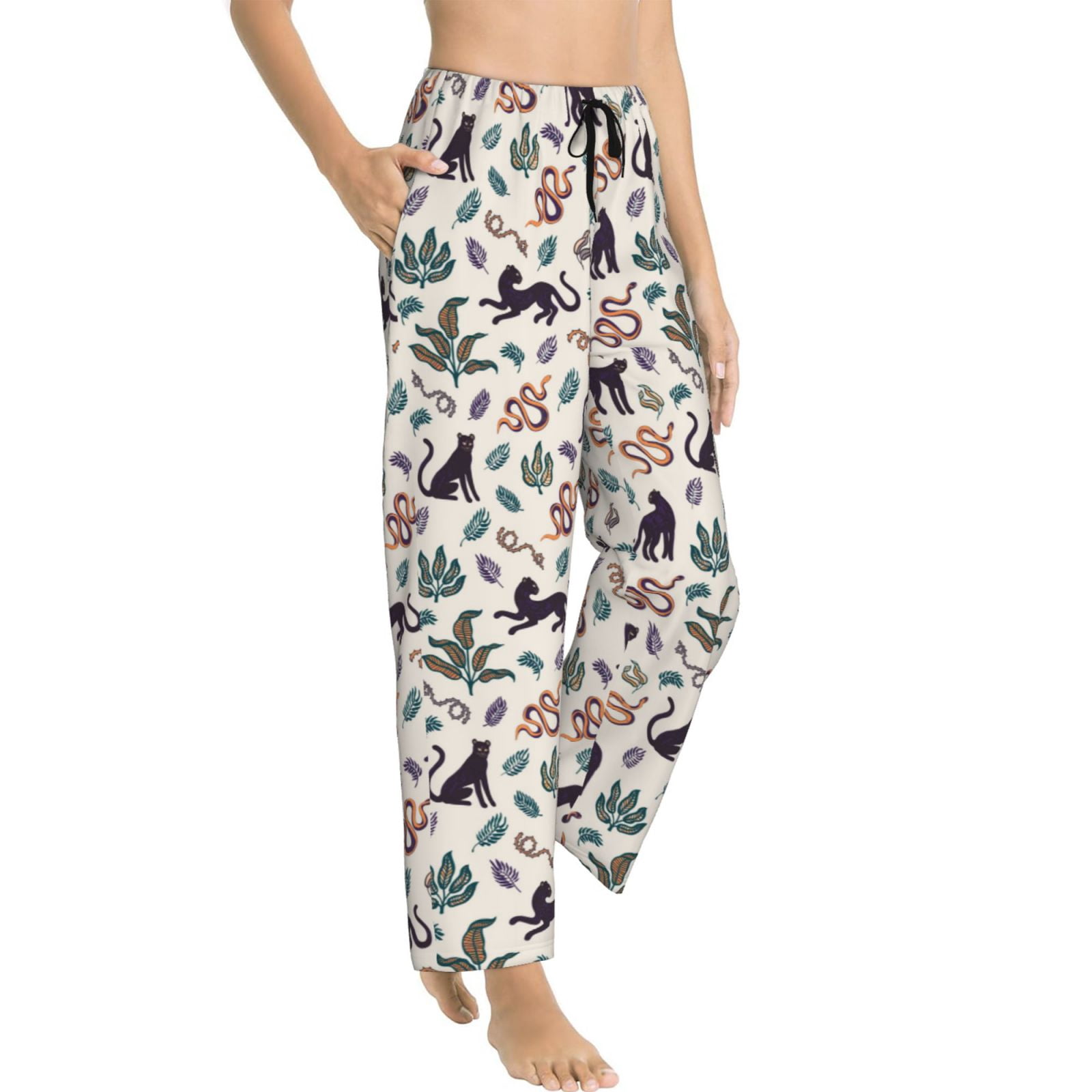 Goofa Black Cat And Snake Printed Soft Pajama Pants for Women, Wide Leg ...