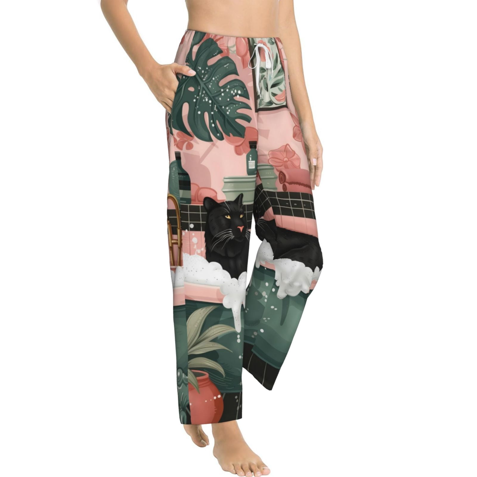 Goofa Black Cat Pink Bathroom Printed Soft Pajama Pants for Women, Wide ...