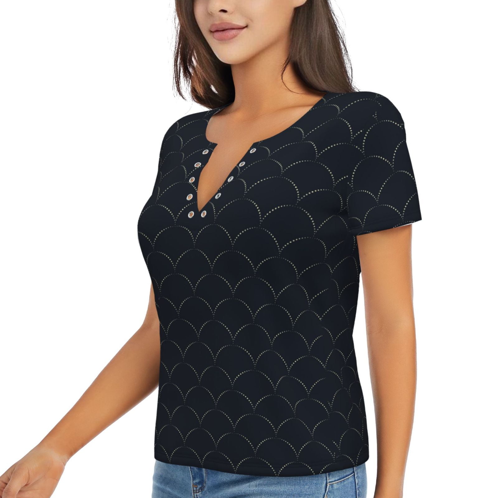 Goofa Black Fish scales Pattern Womens Deep V Neck Low Cut Tops Casual ...