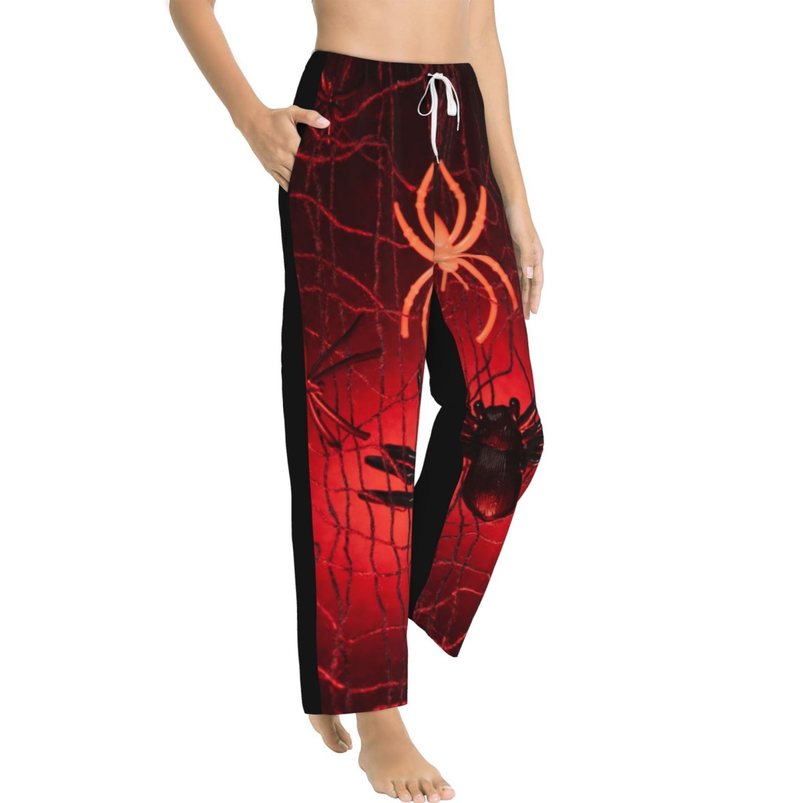 Goofa Black Spider Web With Spiders Printed Soft Pajama Pants for Women ...