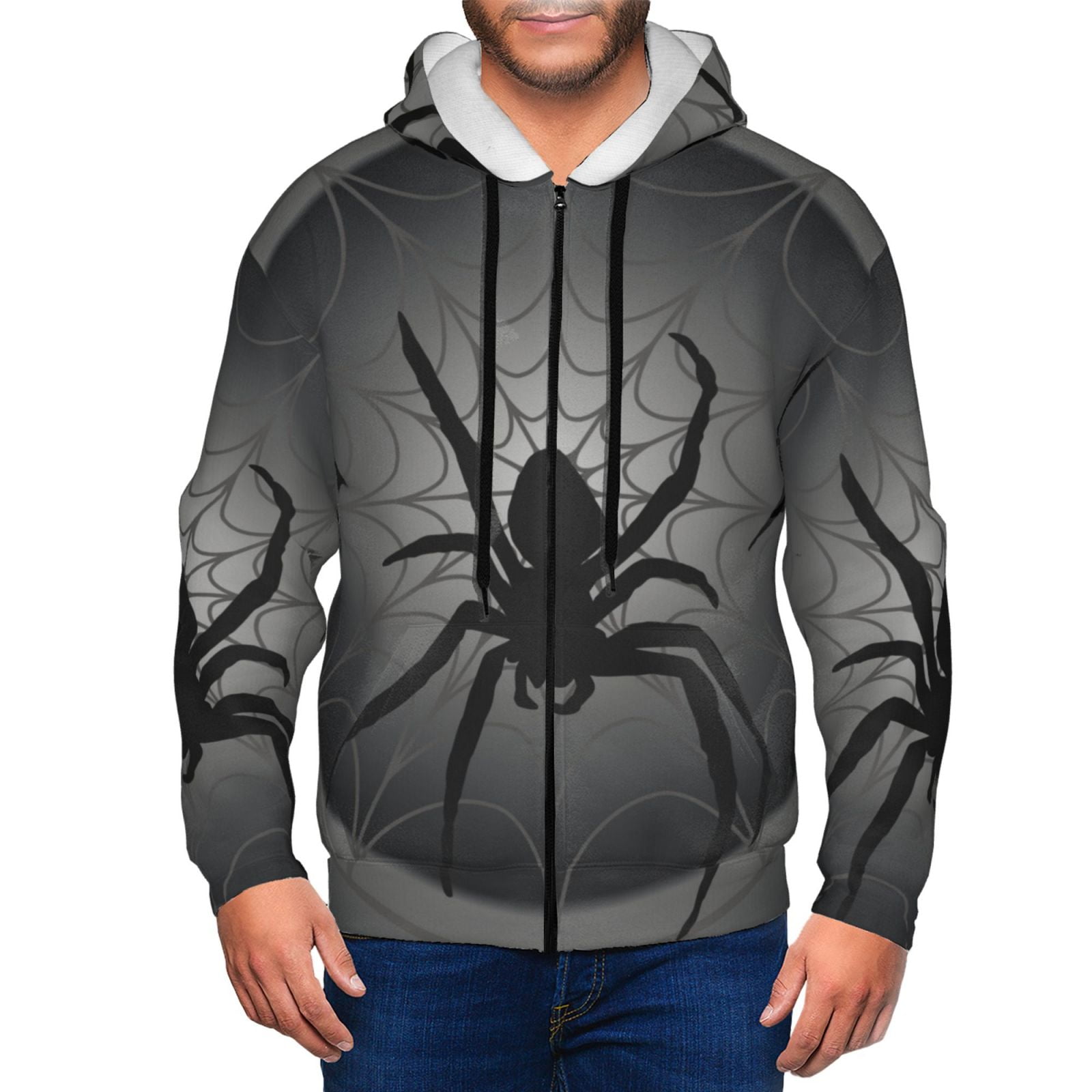 Goofa Black Spiders Pattern Mens Full-zip Hoodie, Zip-up Pullover Hooded Sweatshirt, Kangaroo ...