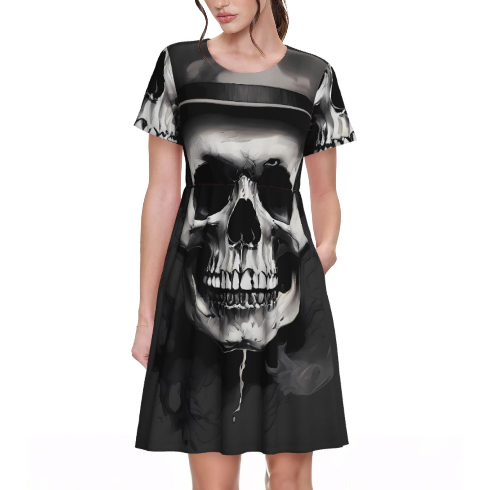 Goofa Black White Hat Skull Pattern Women Summer Short Sleeve Midi ...