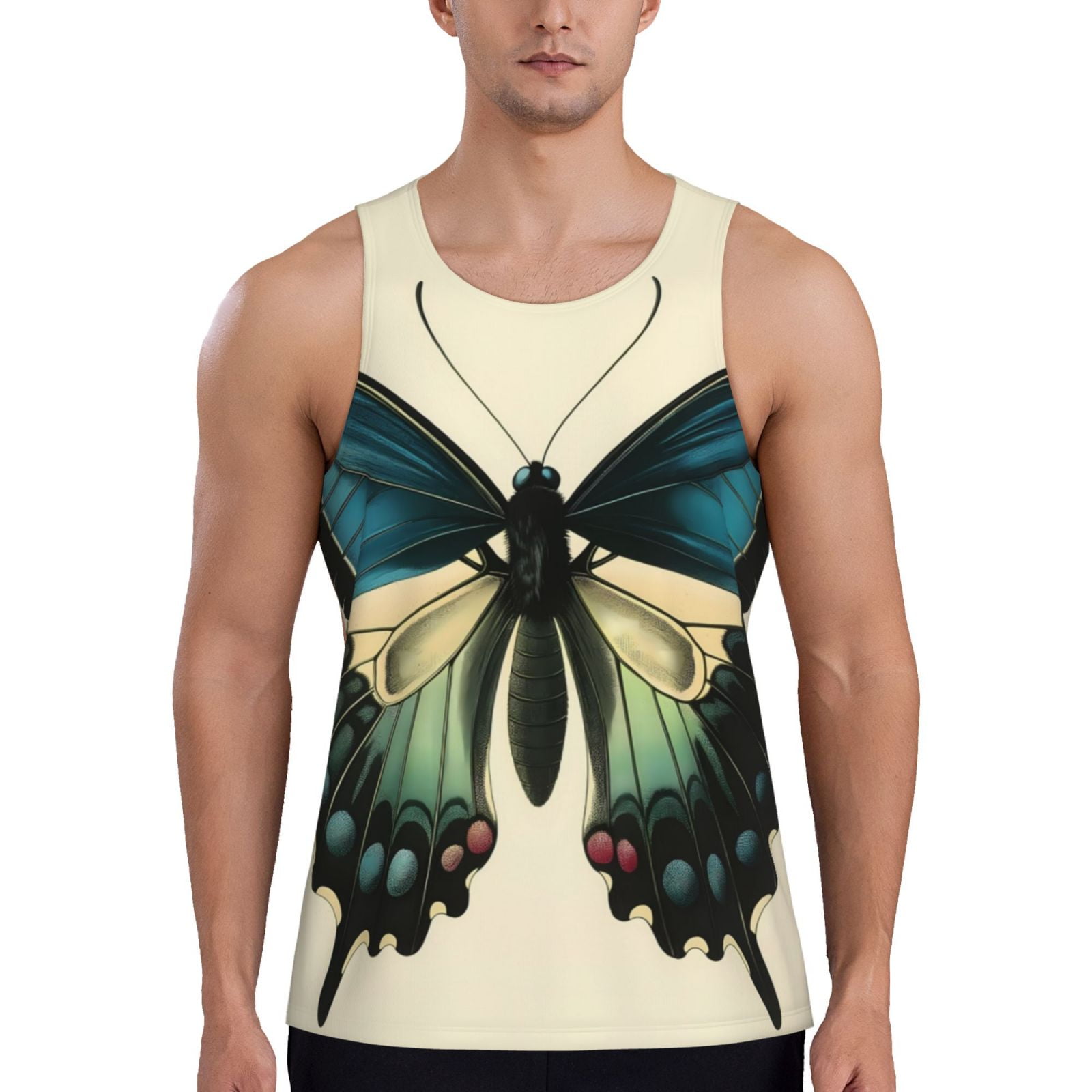 Goofa Blue Black Butterfly Art Pattern Men's Workout Tank Top Slim-Fit ...