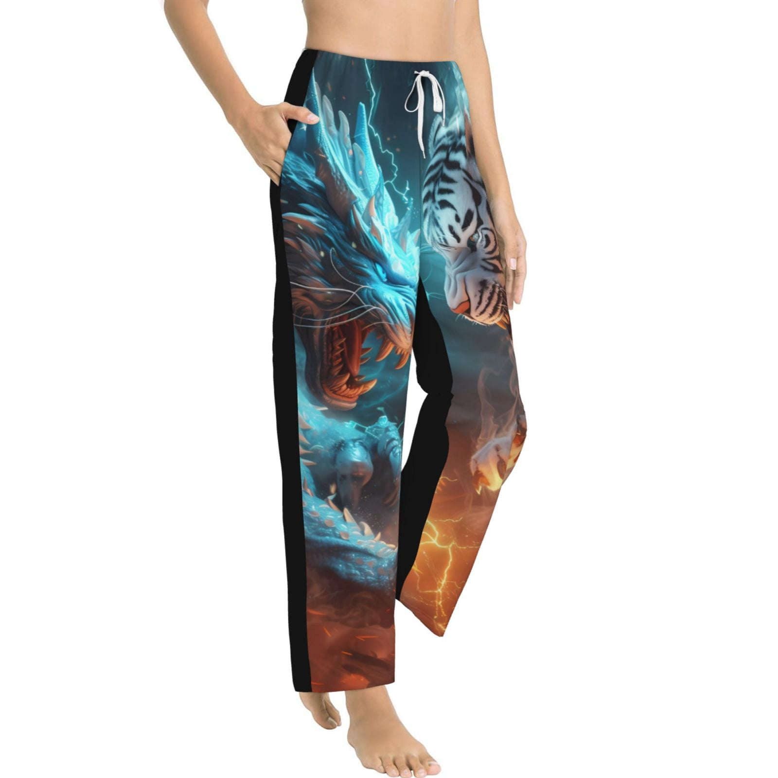 Goofa Blue Dragon And White Tiger Printed Soft Pajama Pants for Women ...