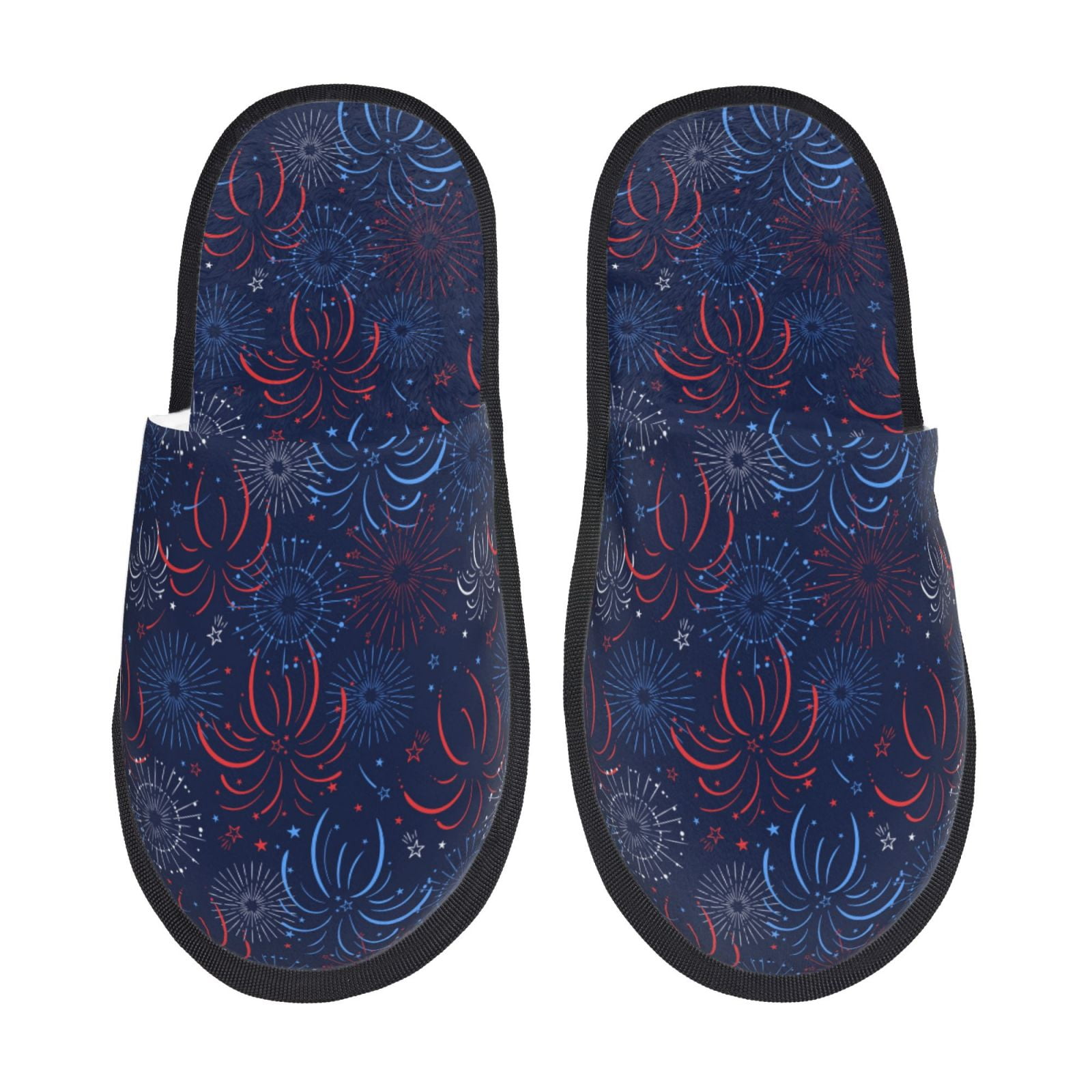 Goofa Blue Firework Pattern Plush Furry Slippers for Men & Women, Cozy ...