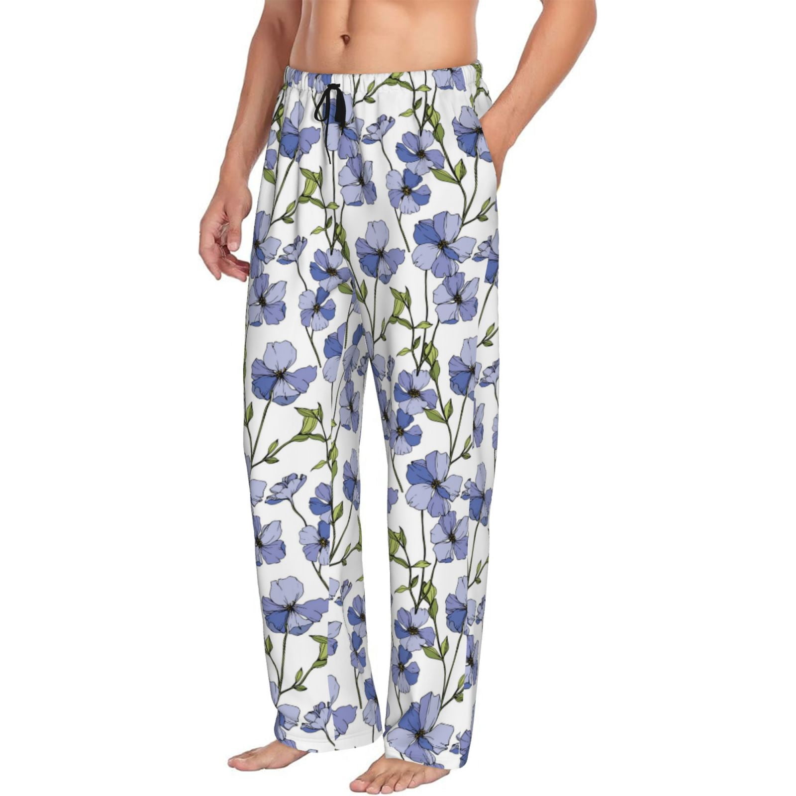 Goofa Blue Flax Flowers Printed Soft Pajama Pants for Men, Wide Leg ...
