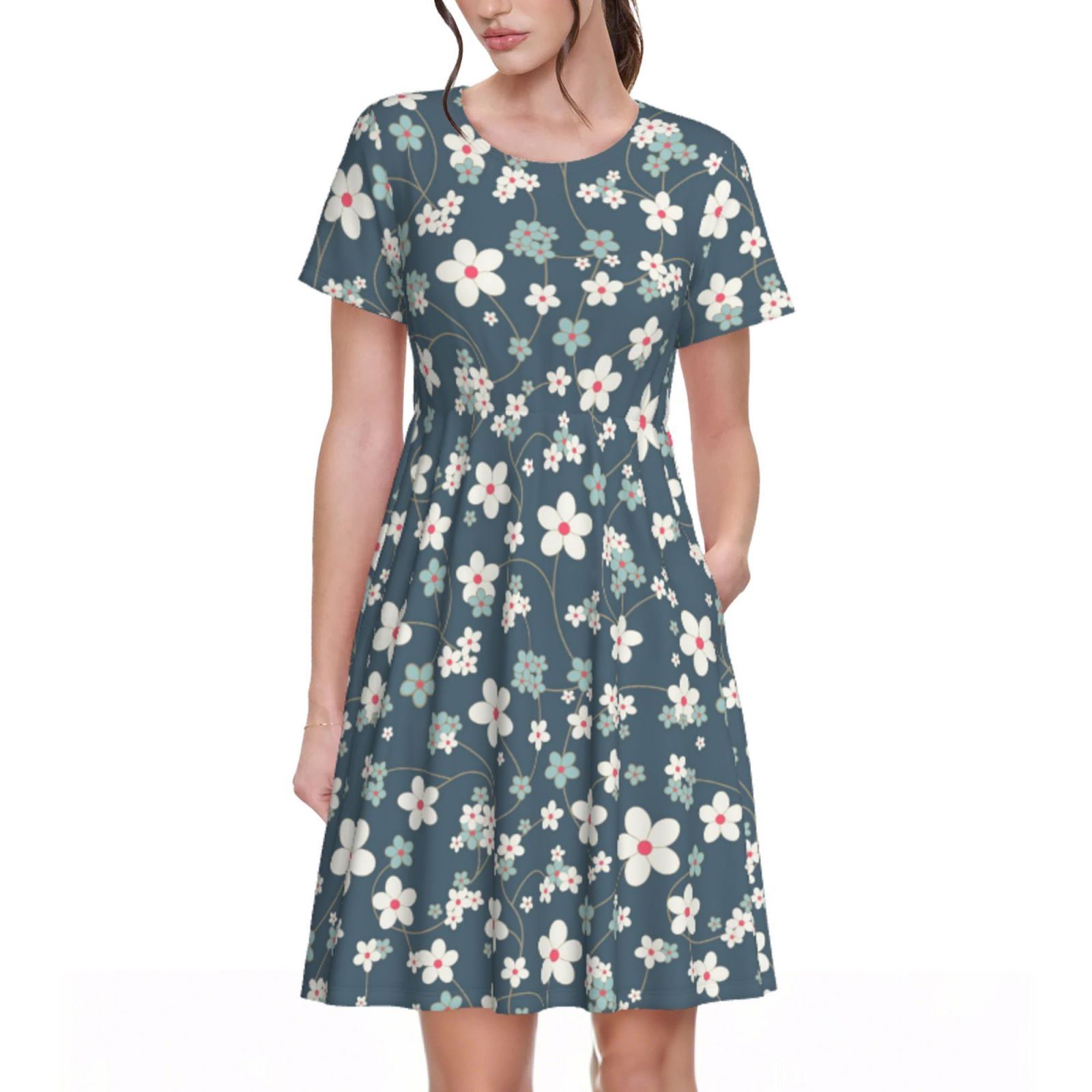 Goofa Blue Flower Pattern Women Summer Short Sleeve Midi Dress with ...