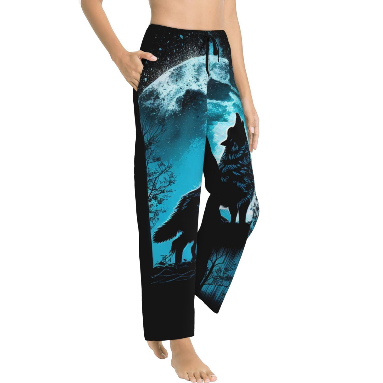 Goofa Blue Full Moon Wolf Printed Soft Pajama Pants for Women, Wide Leg ...