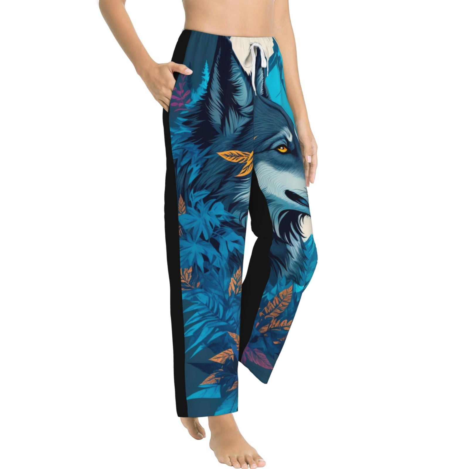 Goofa Blue Iceberg Leaf Wolf Printed Soft Pajama Pants for Women, Wide ...