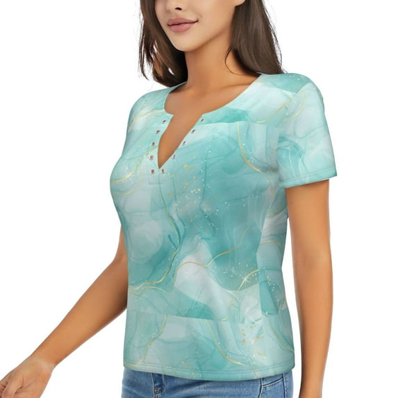 Goofa Blue Marble Pattern Womens Deep V Neck Low Cut Tops Casual Summer ...