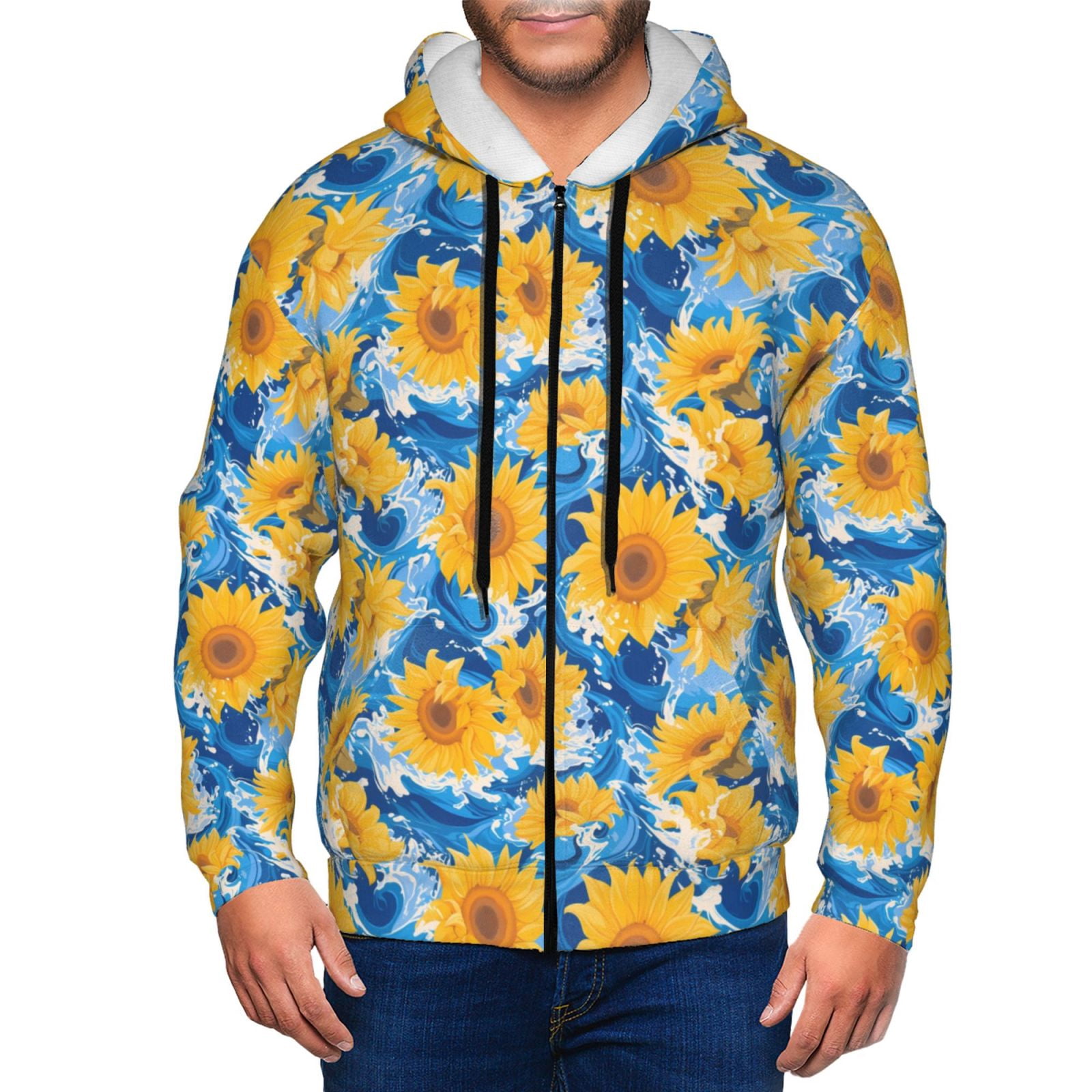 Goofa Blue Ocean Wave Sunflower Pattern Mens Full-zip Hoodie, Zip-up ...