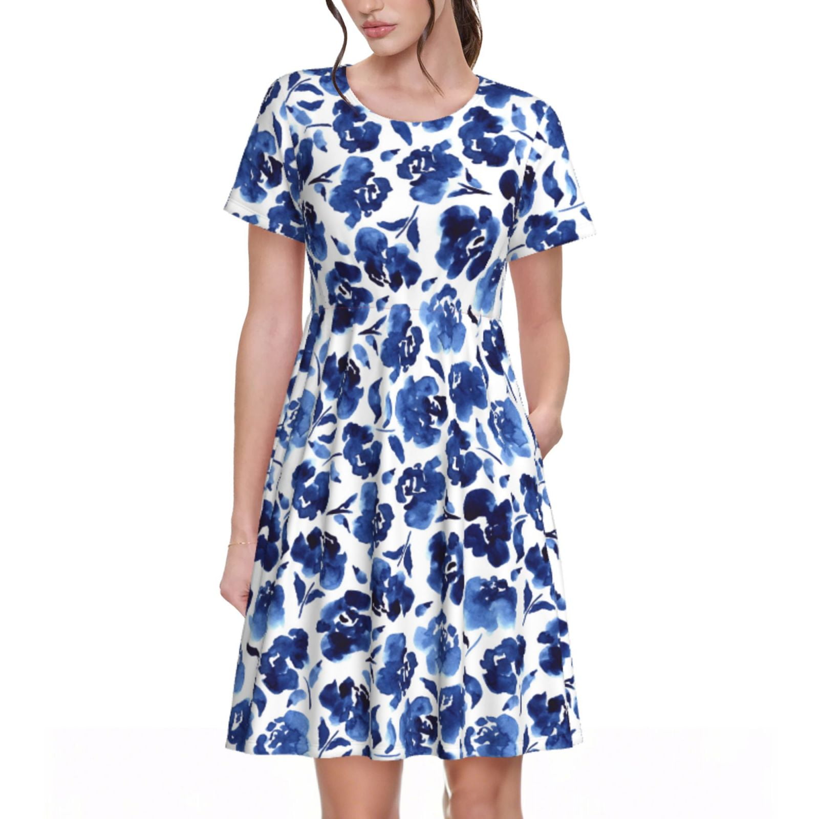 Goofa Blue Roses Pattern Women Summer Short Sleeve Midi Dress with ...