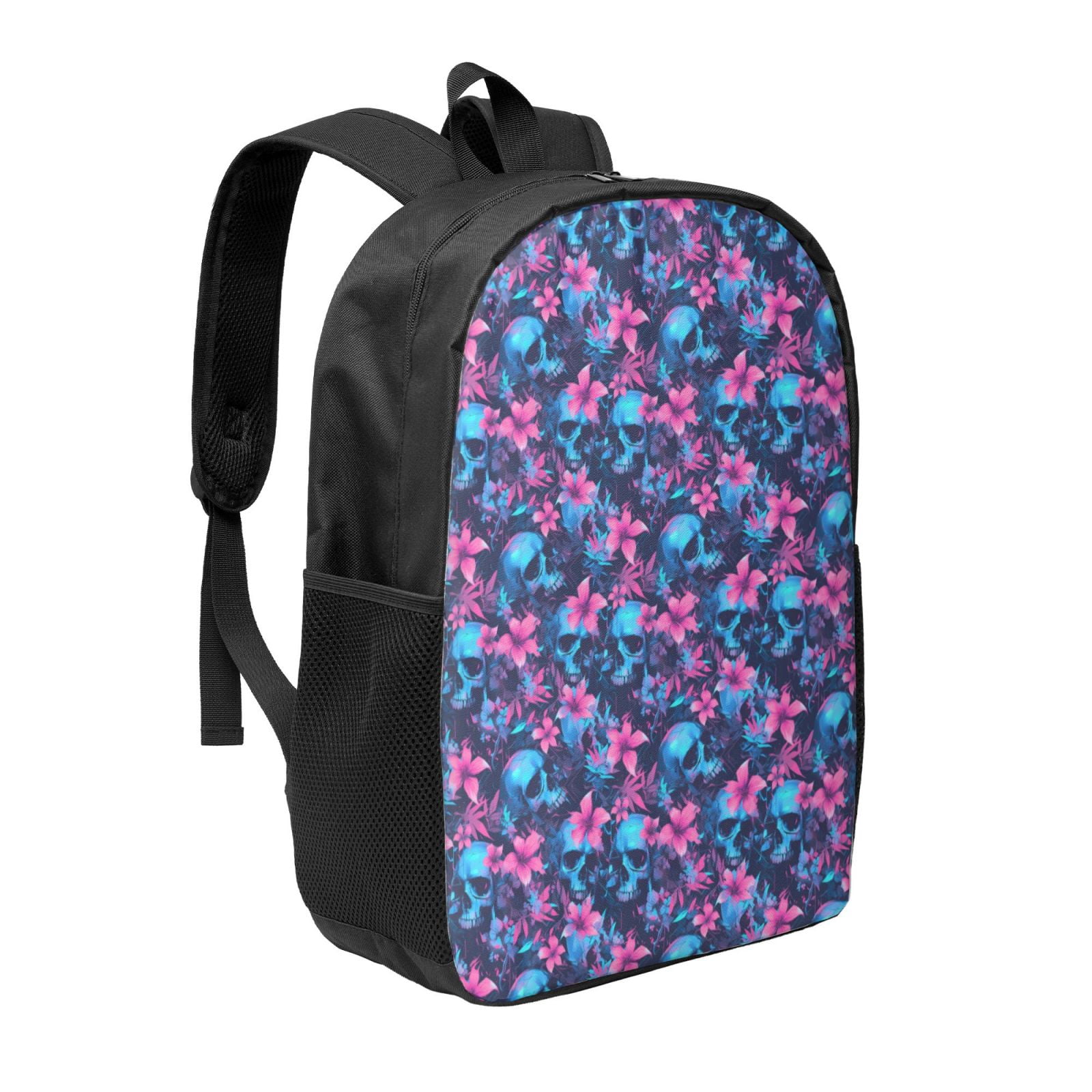 Goofa Blue Skull Flower Pattern 17in Student Backpack - School, Travel ...
