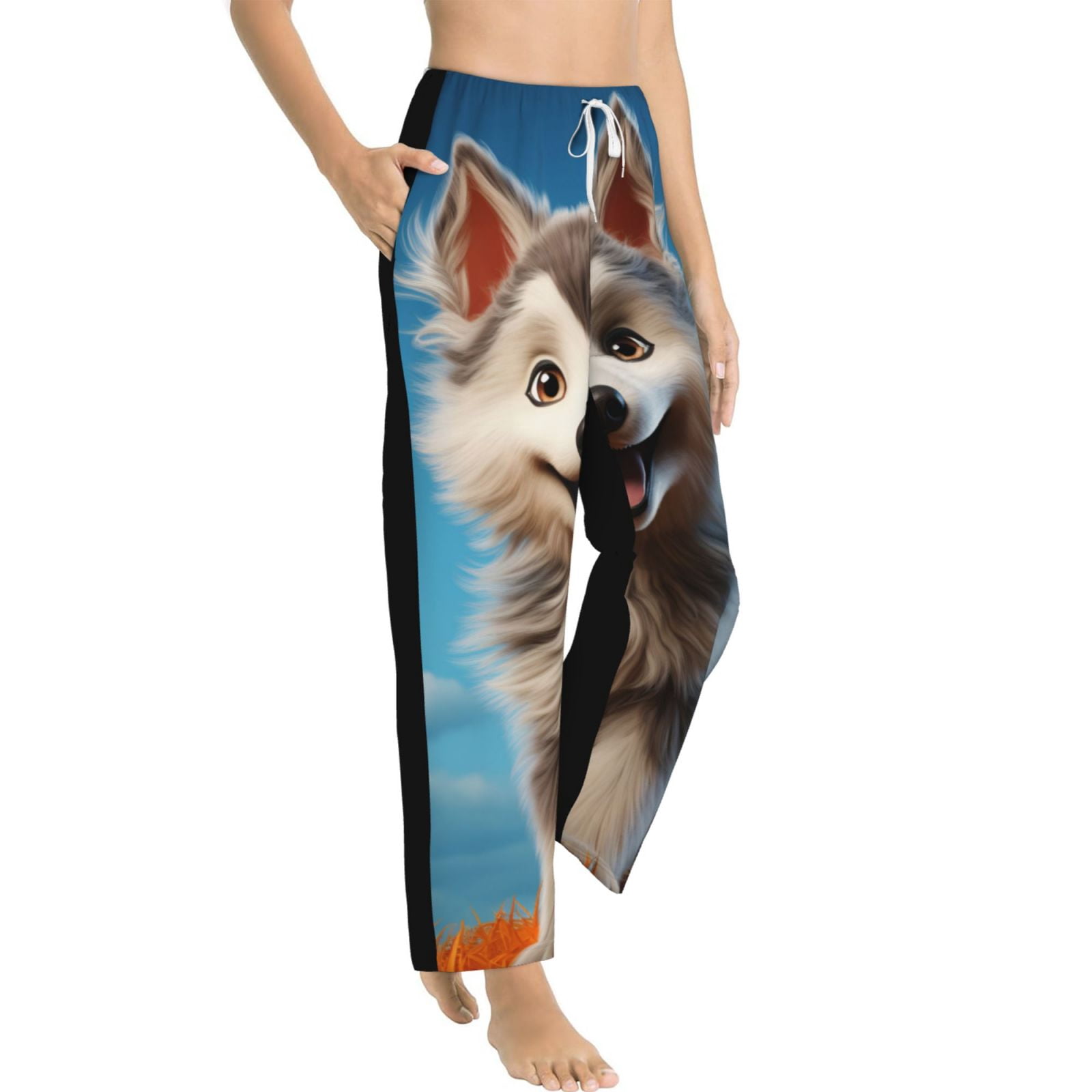 Goofa Blue Sky Cute Wolf Printed Soft Pajama Pants for Women, Wide Leg ...
