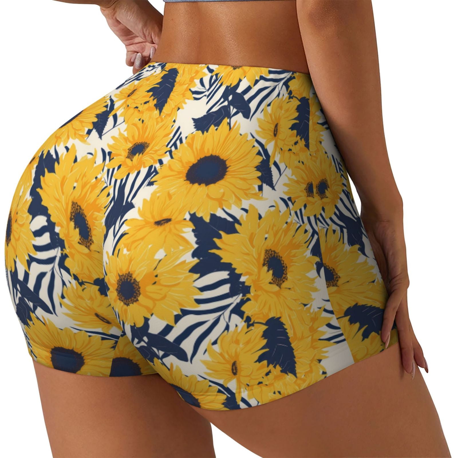 Goofa Blue Striped Sunflower Printed Workout Shorts Women Seamless ...