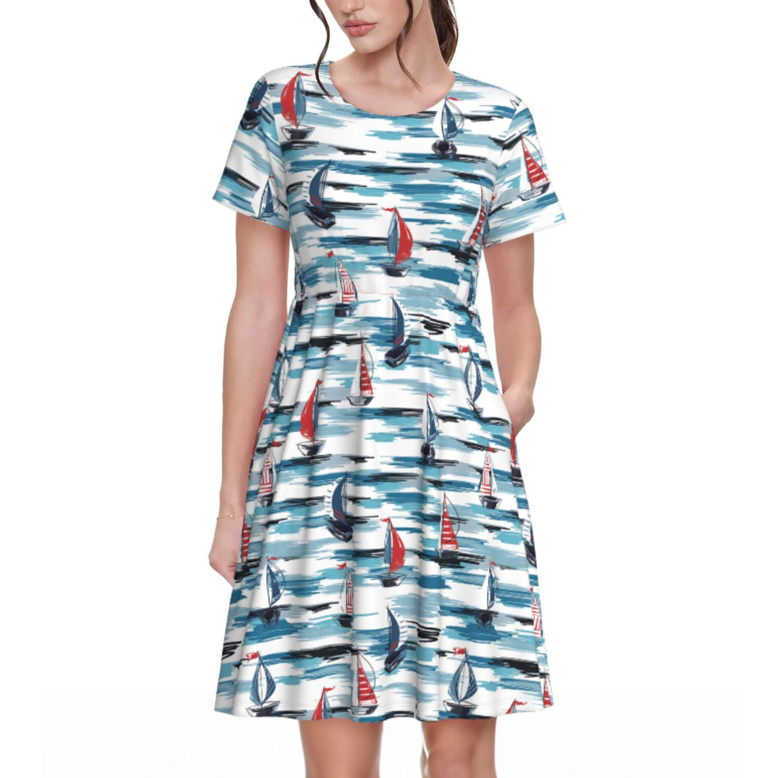 Goofa Boat In Ocean Pattern Women Summer Short Sleeve Midi Dress with ...
