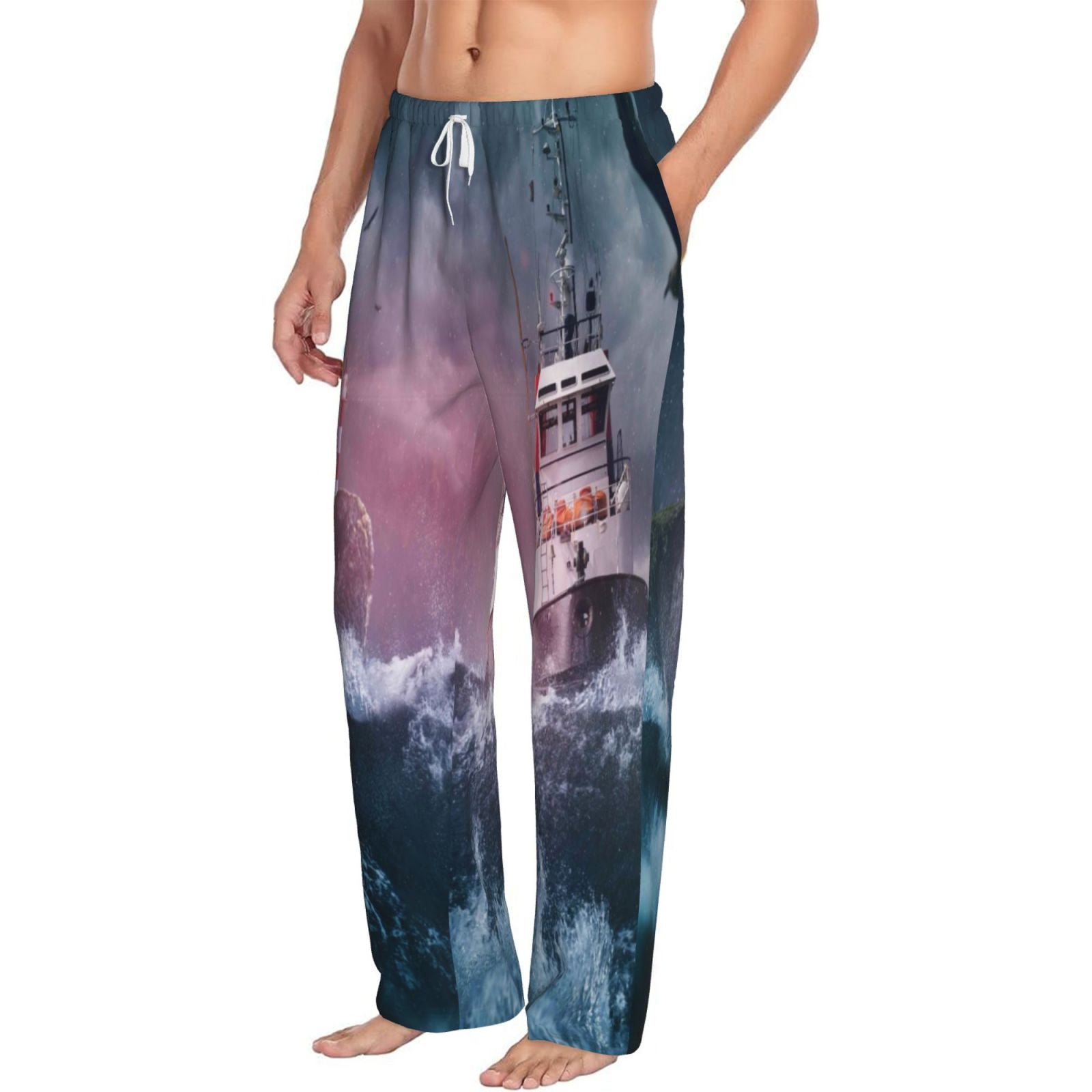 Goofa Boat Lighthouse Storm Waves Printed Soft Pajama Pants for Men ...