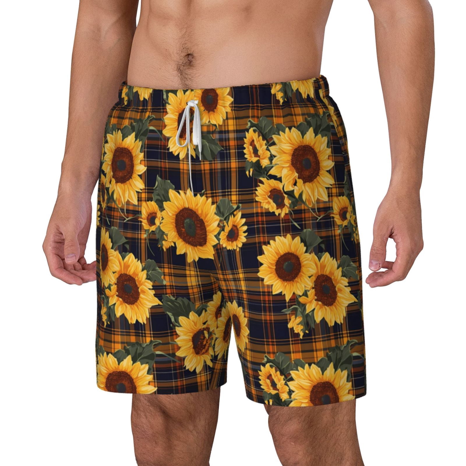 Goofa Brown Blue Plaid Sunflower Printed Men's Swim Trunks Board Shorts ...