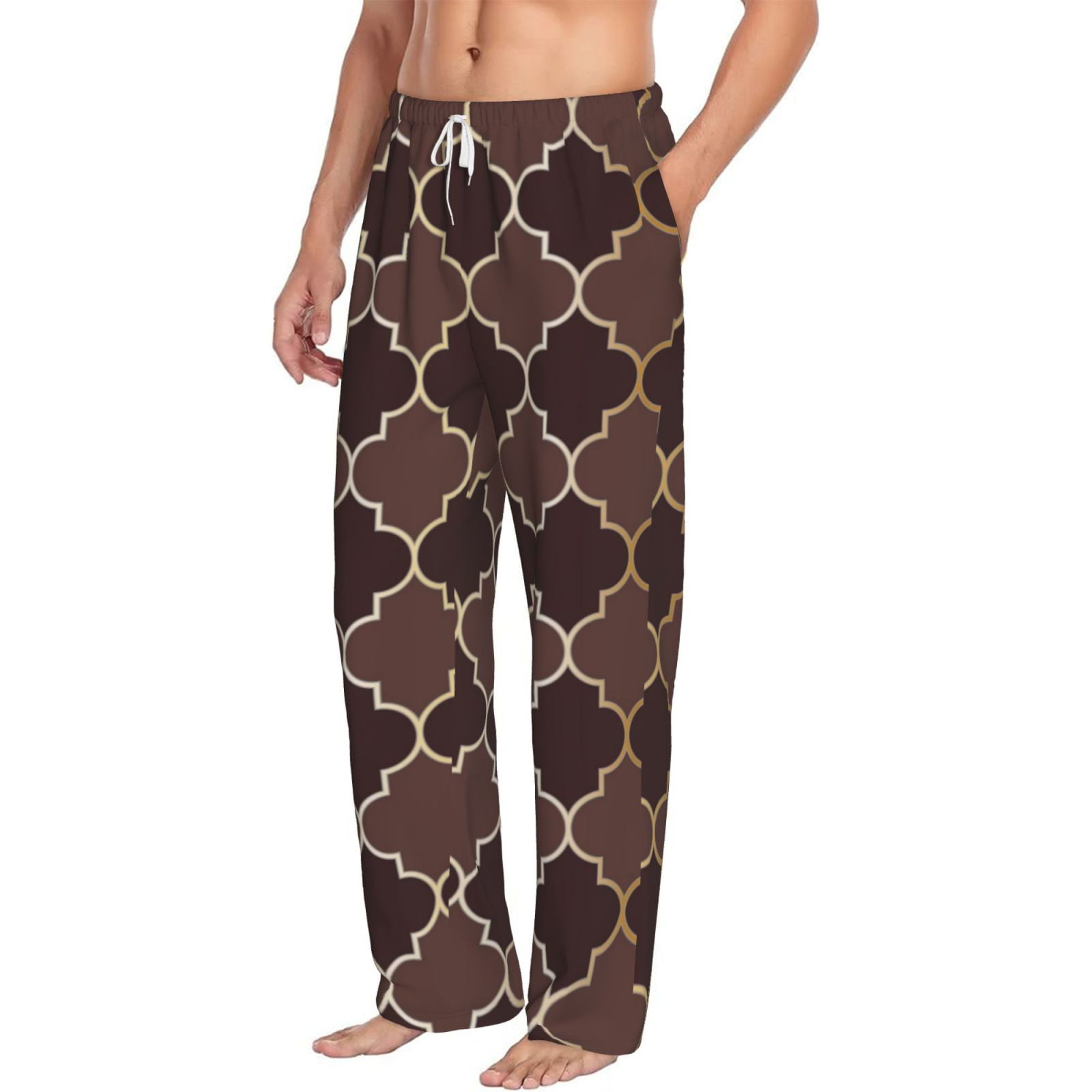 Goofa Brown Gold Grid Printed Soft Pajama Pants for Men, Wide Leg Comfy ...