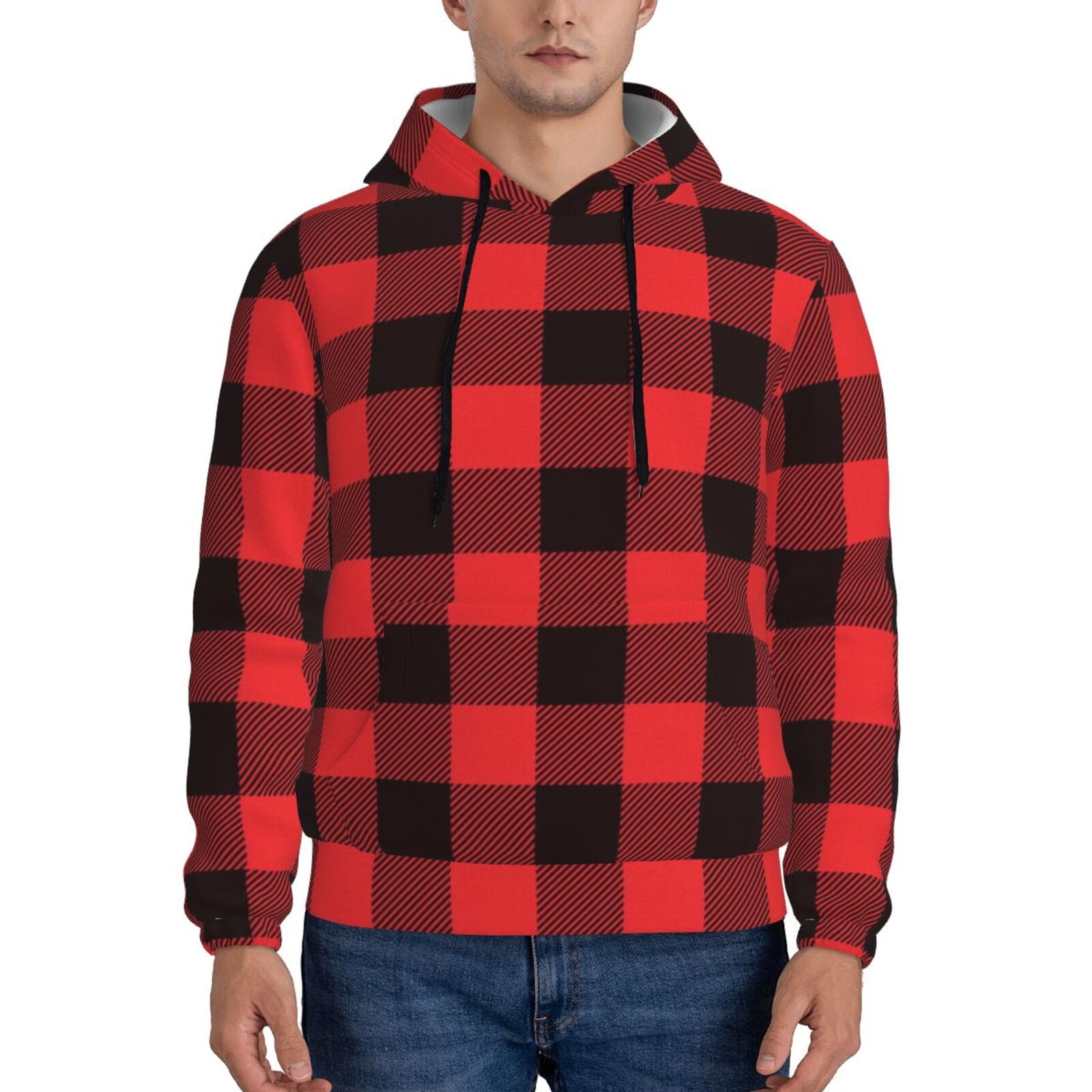 Goofa Buffalo Plaid Red Black for Men's Hooded Sweatshirt - Lightweight ...