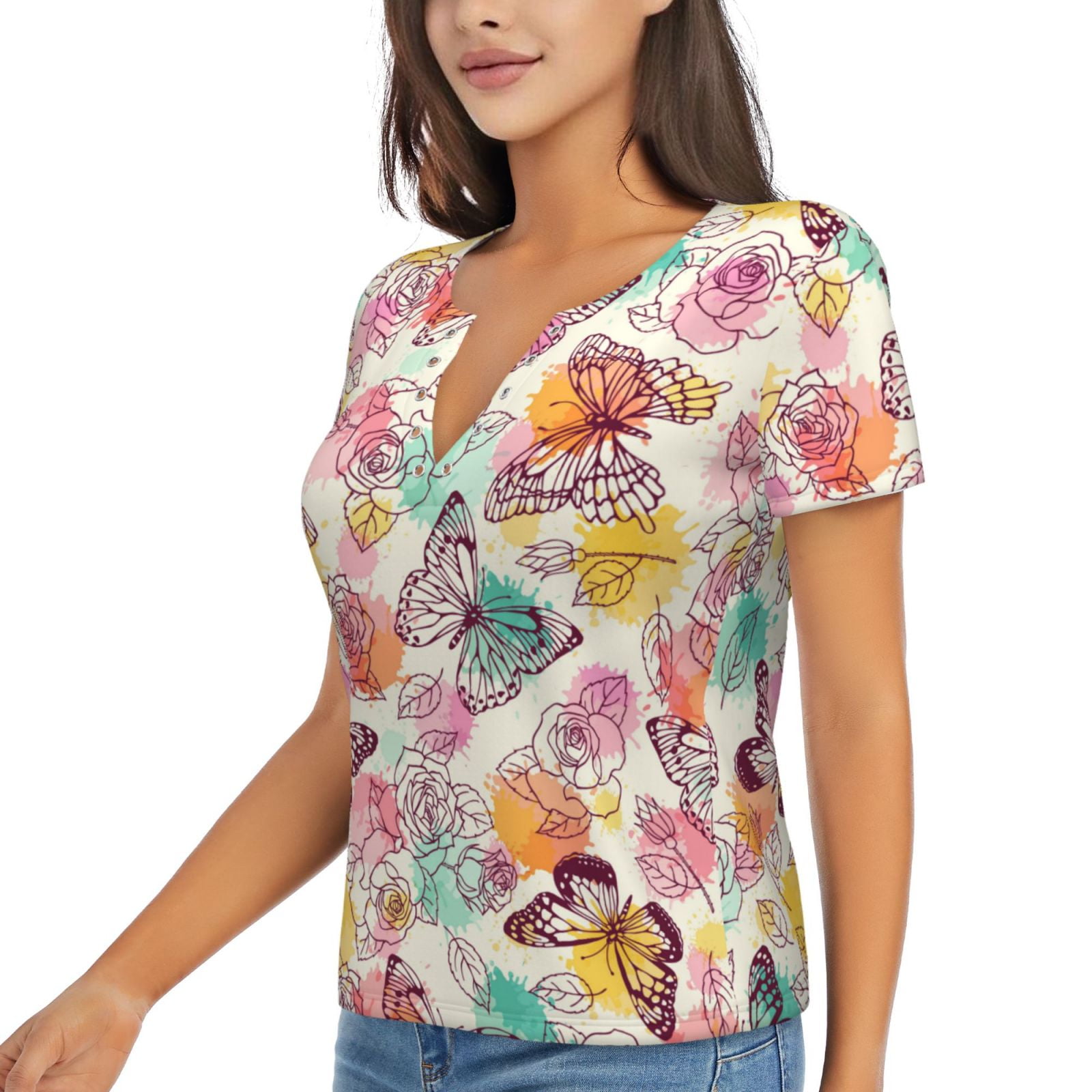 Goofa Butterflies and Roses Pattern Womens Deep V Neck Low Cut Tops ...