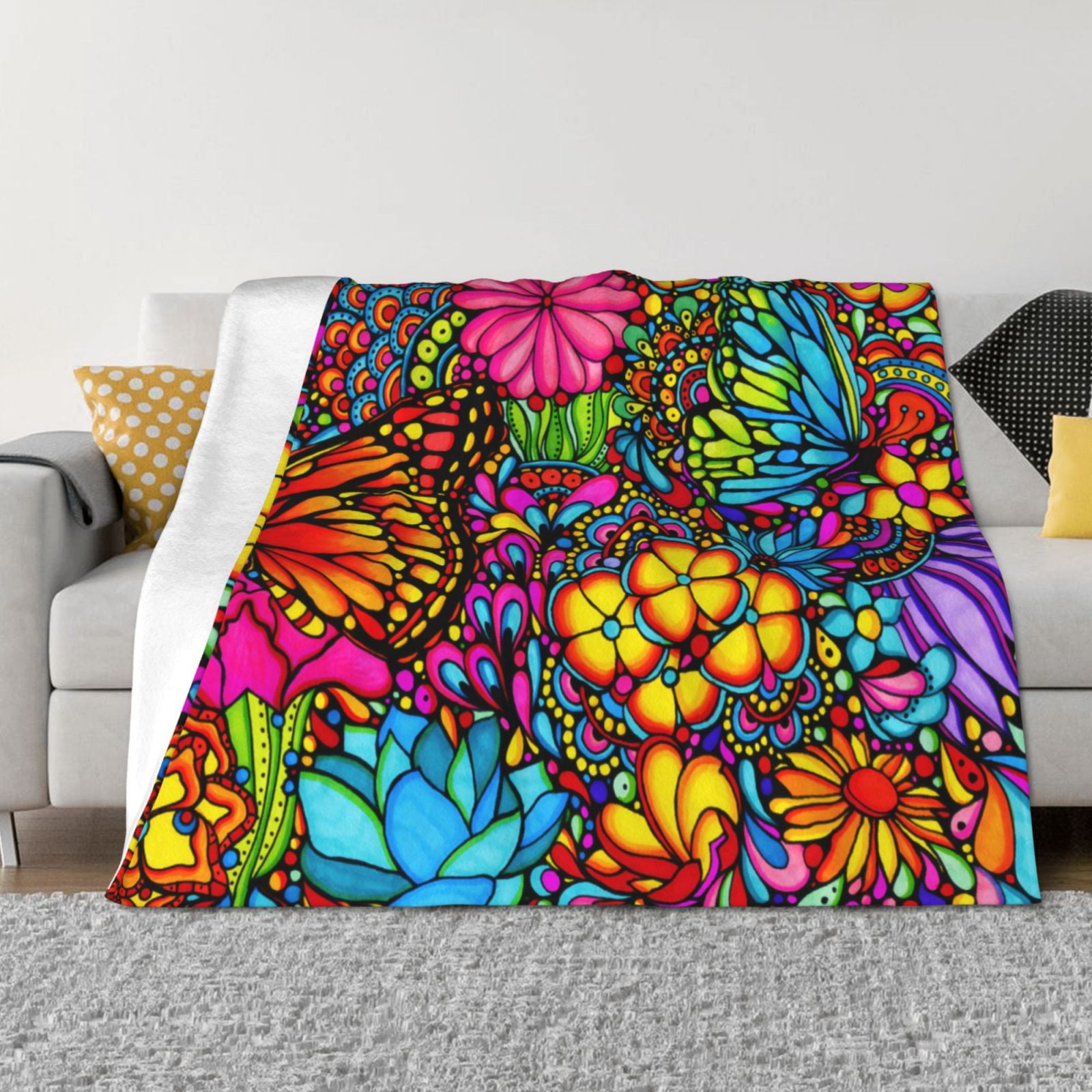 Goofa Butterfly Garden Pattern Fleece Throw Blanket for Couch, Soft ...