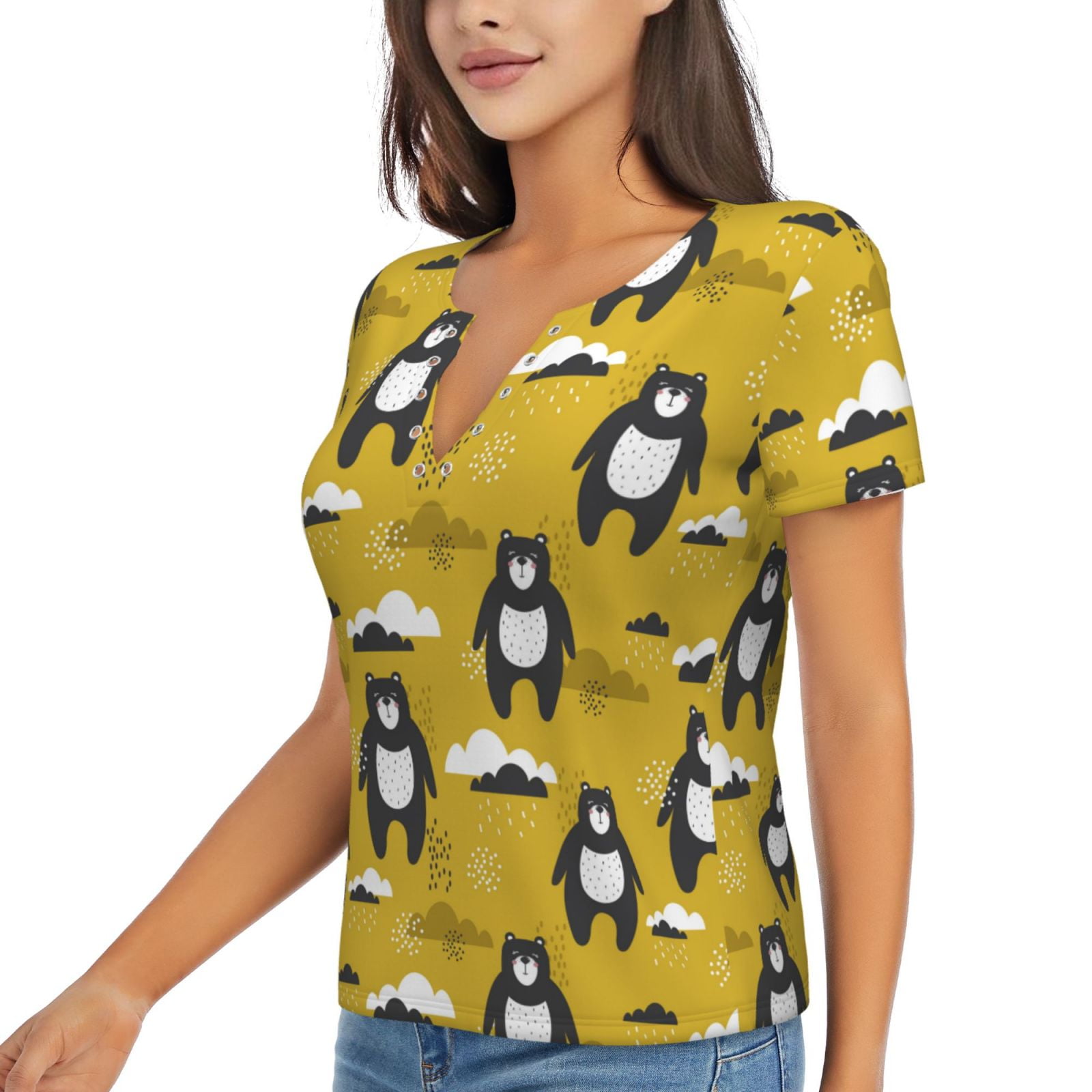 Goofa Cartoon Bear Yellow Pattern Womens Deep V Neck Low Cut Tops ...