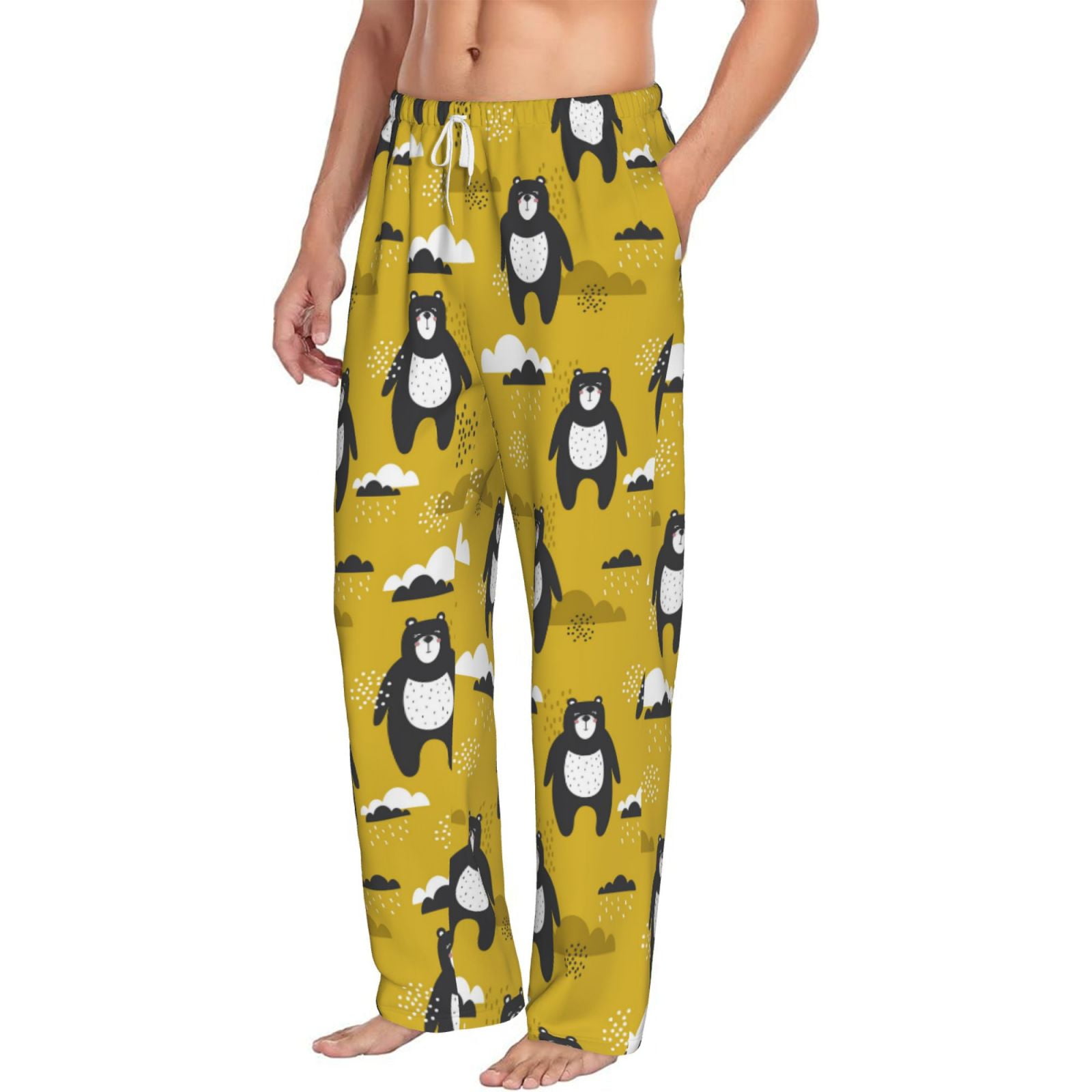 Goofa Cartoon Bear Yellow Printed Soft Pajama Pants for Men, Wide Leg ...