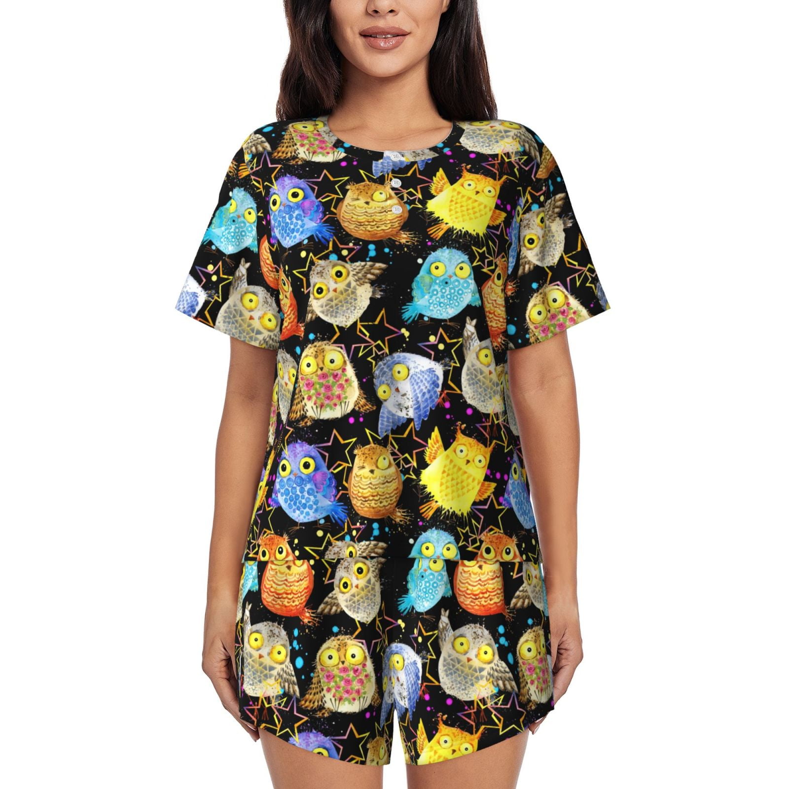 Goofa Cartoon Bird Owl for Womens Cotton 2 Piece Pajamas Set Classic ...