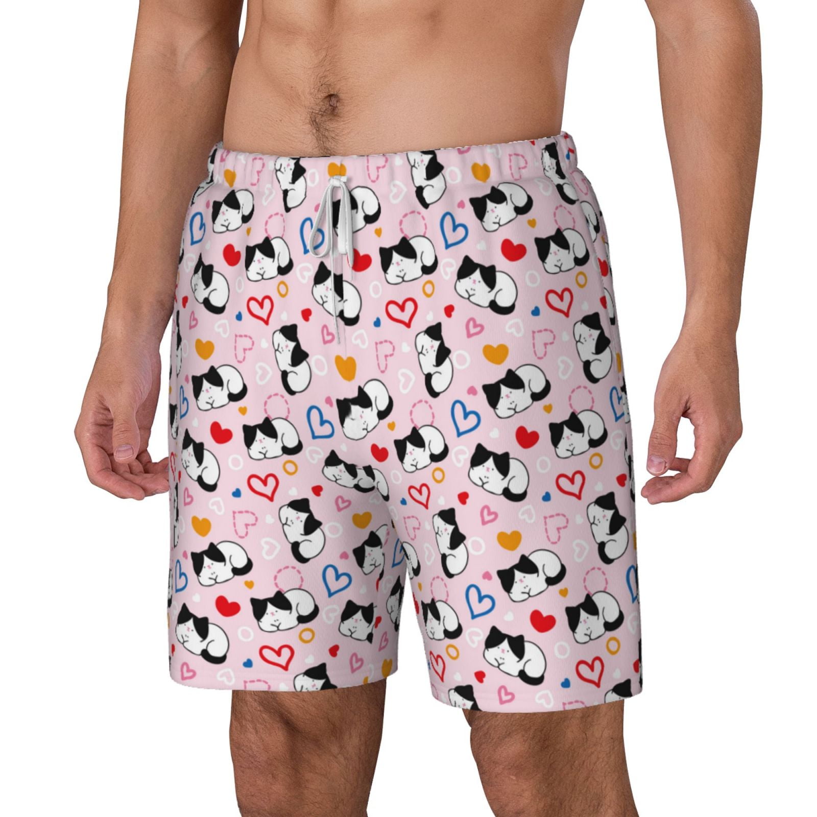 Goofa Cartoon Cat And Heart Printed Men's Swim Trunks Board Shorts ...