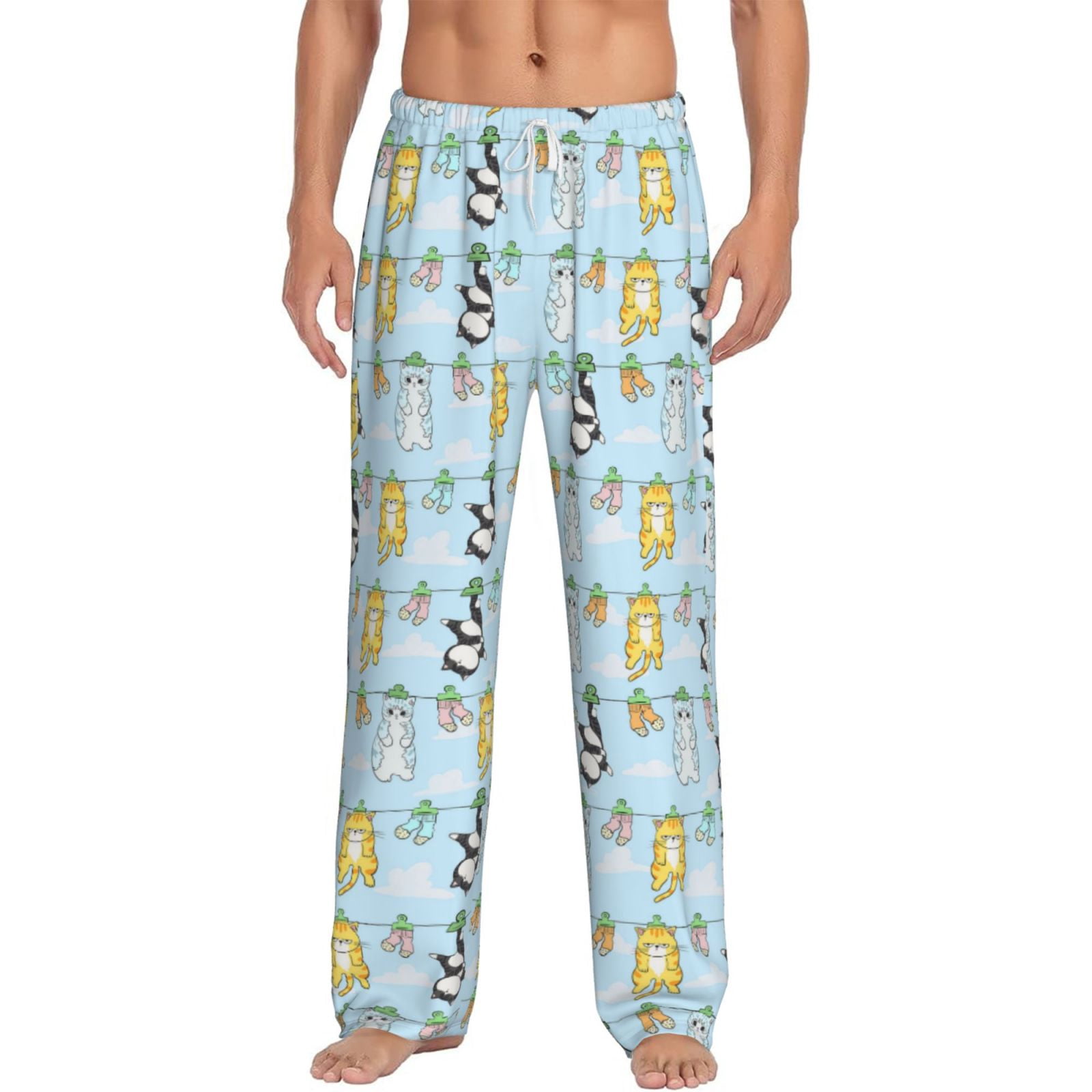 Goofa Cartoon Cat Pattern Printed Soft Pajama Pants for Men, Wide Leg ...