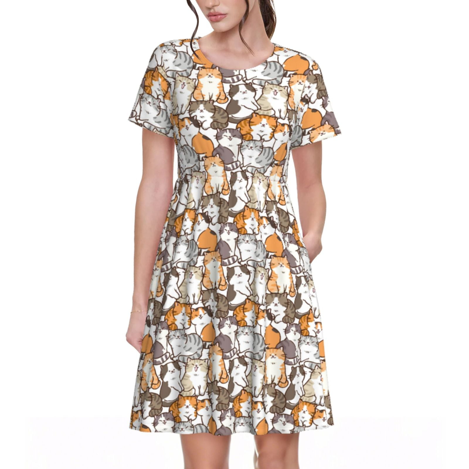 Goofa Cartoon Cat Pattern Women Summer Short Sleeve Midi Dress with ...