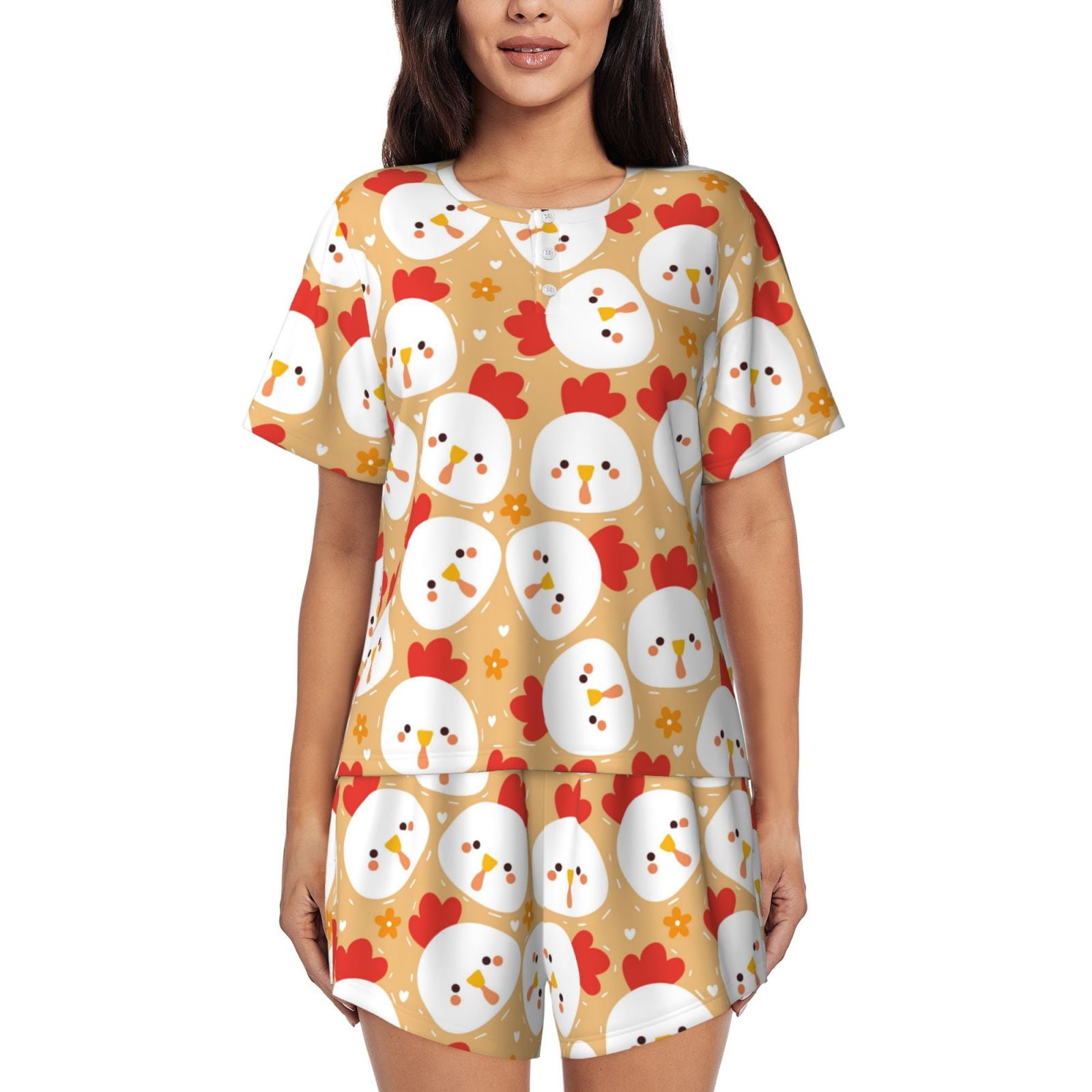 Goofa Cartoon Chicken for Womens Cotton 2 Piece Pajamas Set Classic ...