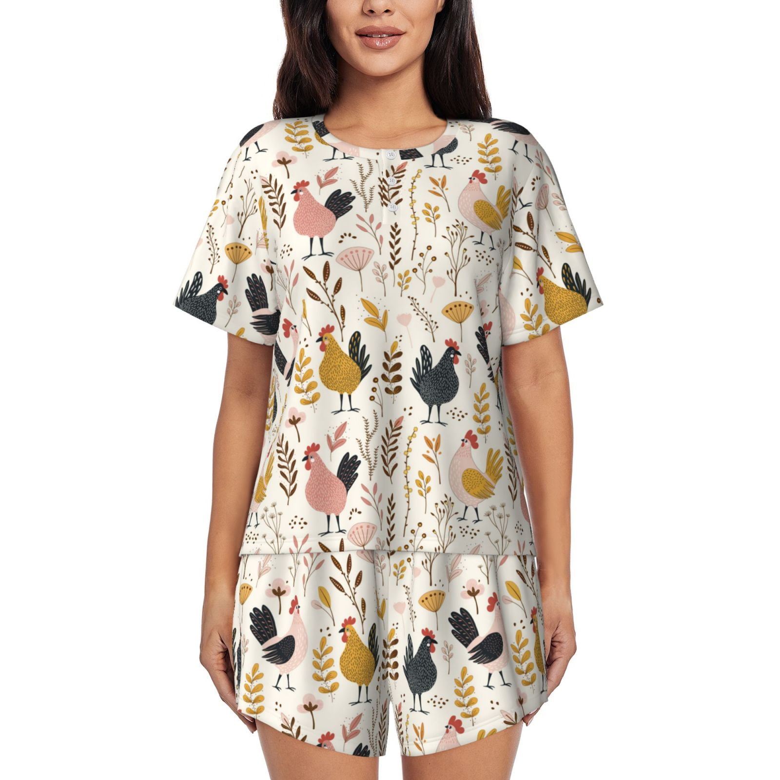 Goofa Cartoon Chickens for Womens Cotton 2 Piece Pajamas Set Classic ...
