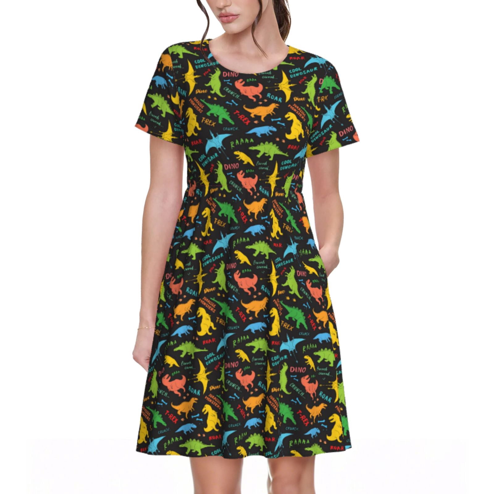 Goofa Cartoon Dino Pattern Women Summer Short Sleeve Midi Dress with ...
