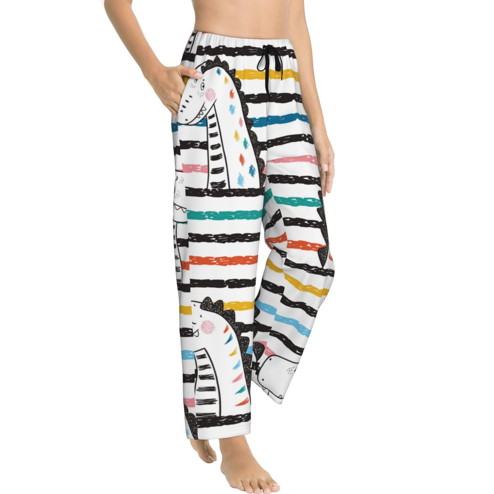 Goofa Cartoon Dinosaurs Printed Soft Pajama Pants for Women, Wide Leg ...