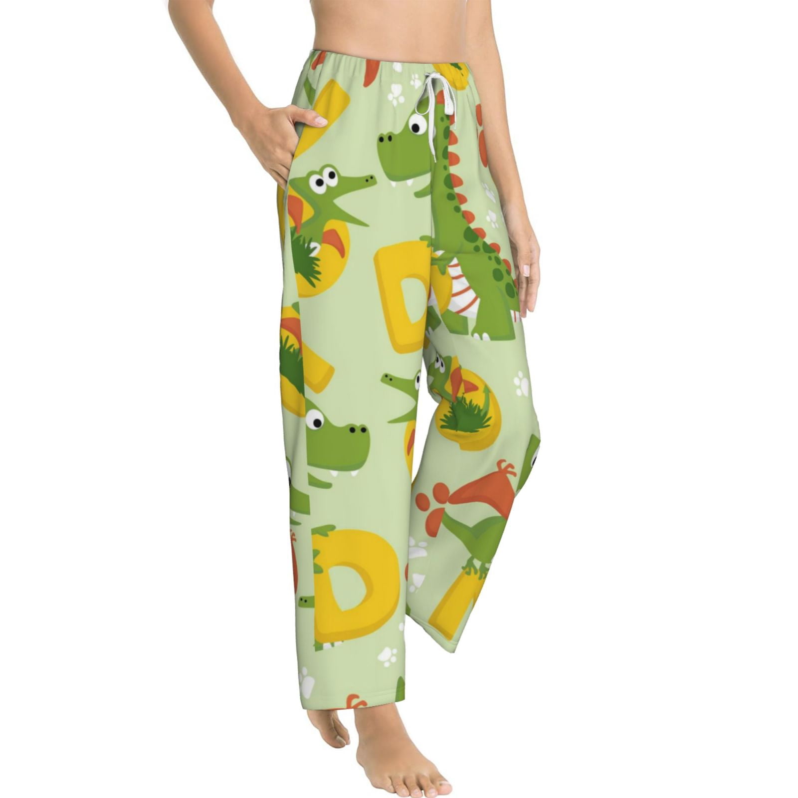 Goofa Cartoon Dinosaurs Printed Soft Pajama Pants for Women, Wide Leg ...