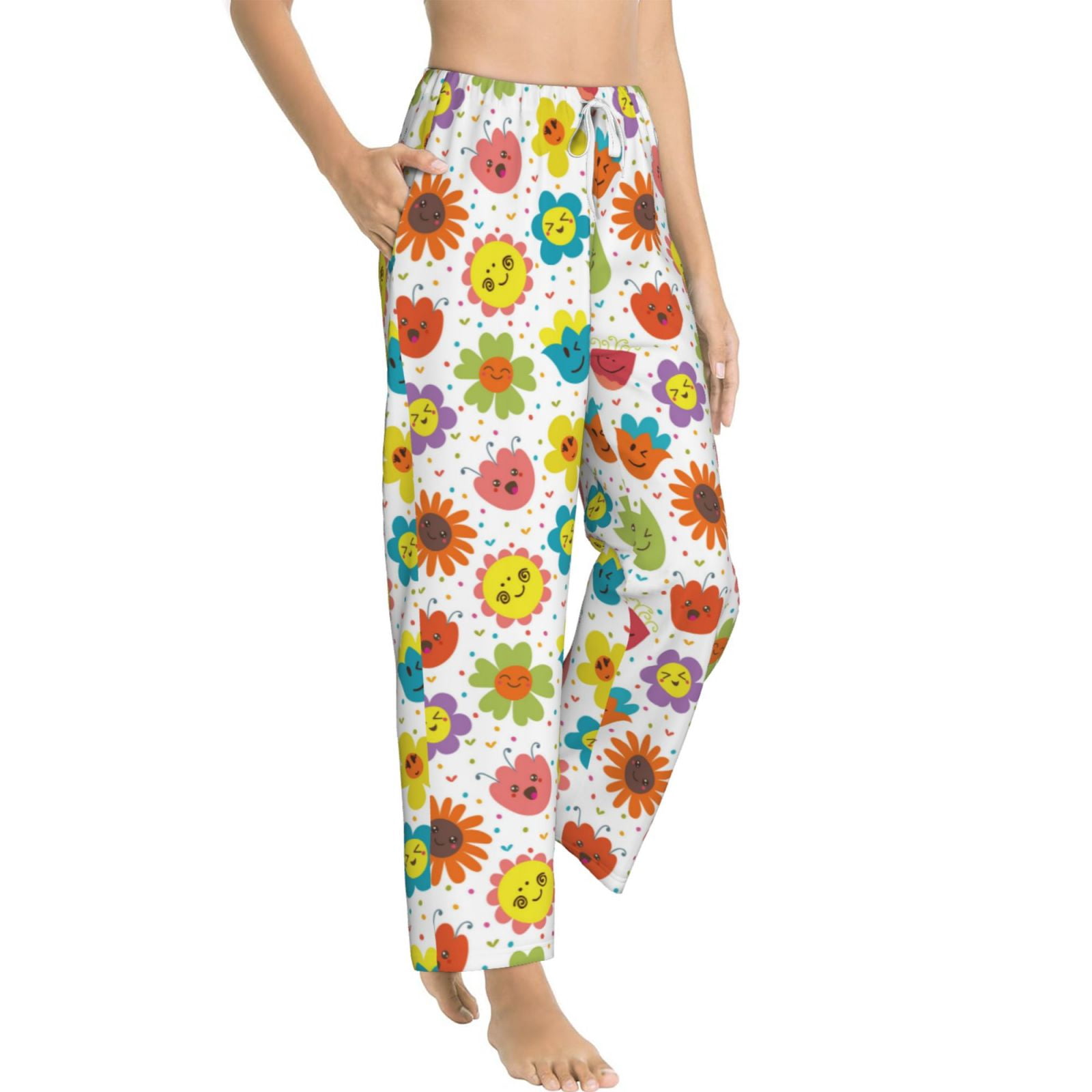 Goofa Cartoon Flowers Printed Soft Pajama Pants for Women, Wide Leg ...