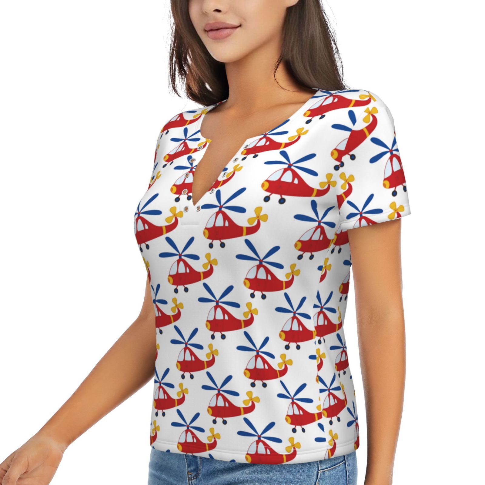 Goofa Cartoon Helicopter Pattern Womens Deep V Neck Low Cut Tops Casual ...