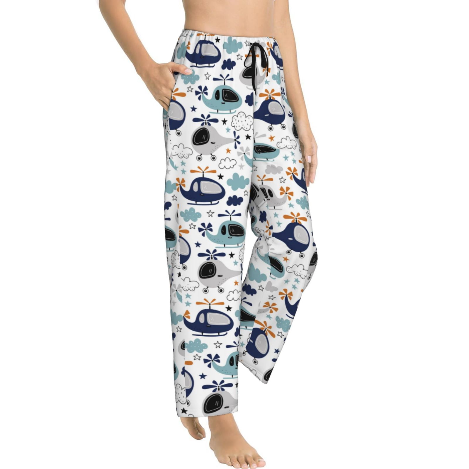 Goofa Cartoon Helicopters Printed Soft Pajama Pants for Women, Wide Leg ...