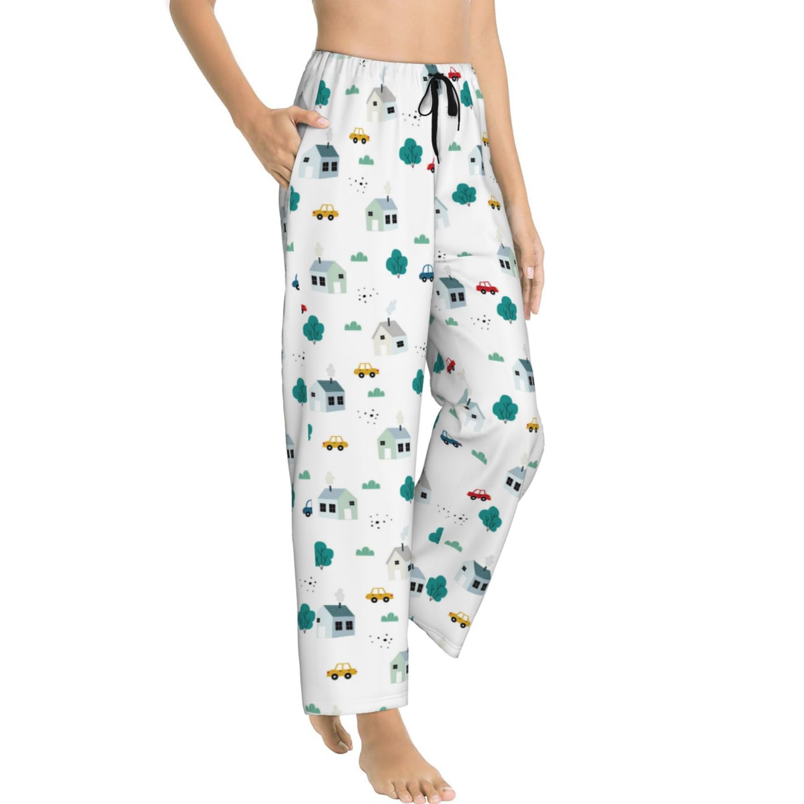 Goofa Cartoon House Car Printed Soft Pajama Pants for Women, Wide Leg ...
