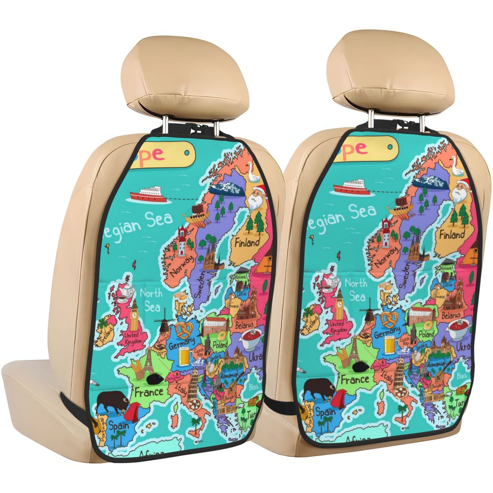 Goofa Cartoon Map Of Europe Pattern Car Back Seat Protector for Kids (2 ...