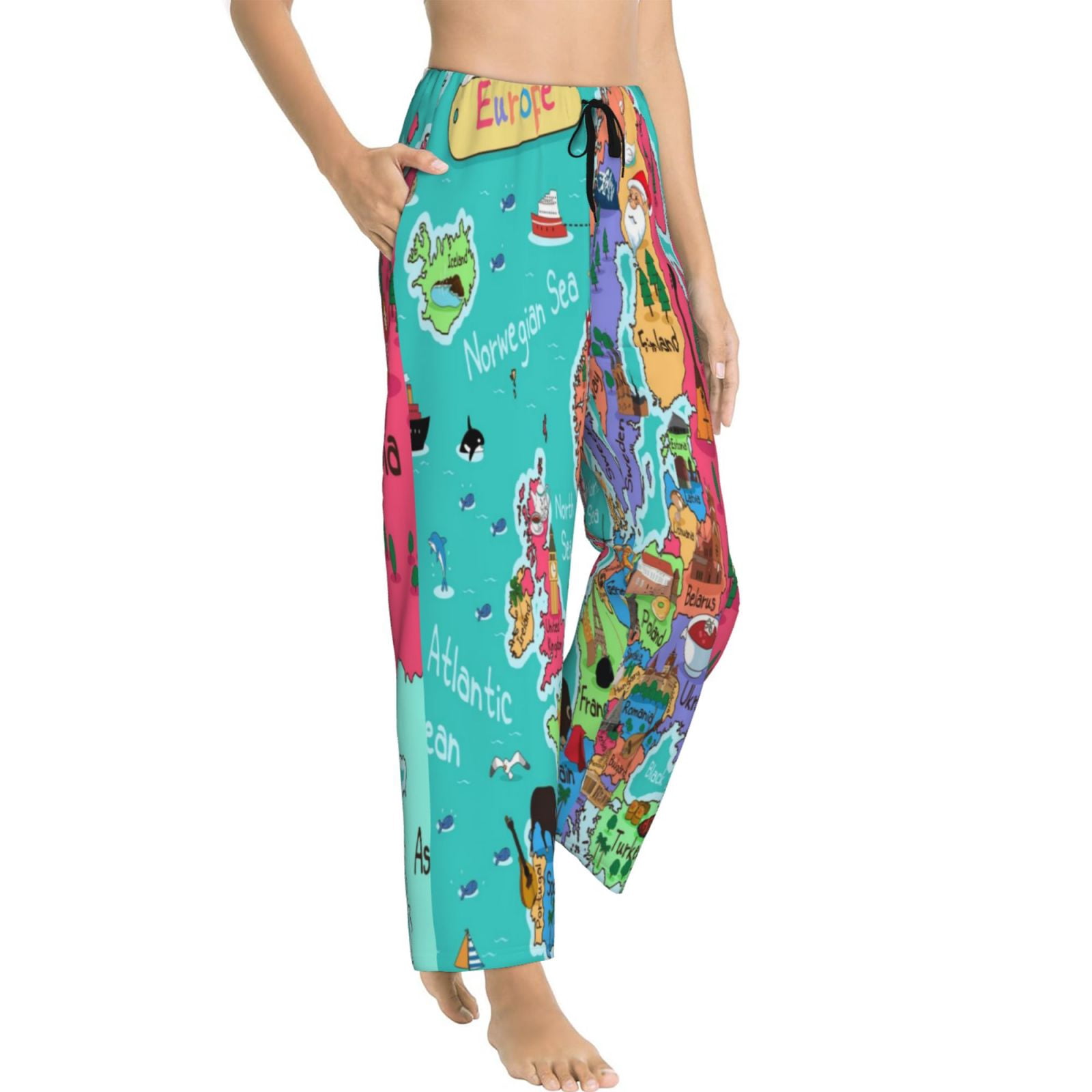 Goofa Cartoon Map Of Europe Printed Soft Pajama Pants for Women, Wide ...