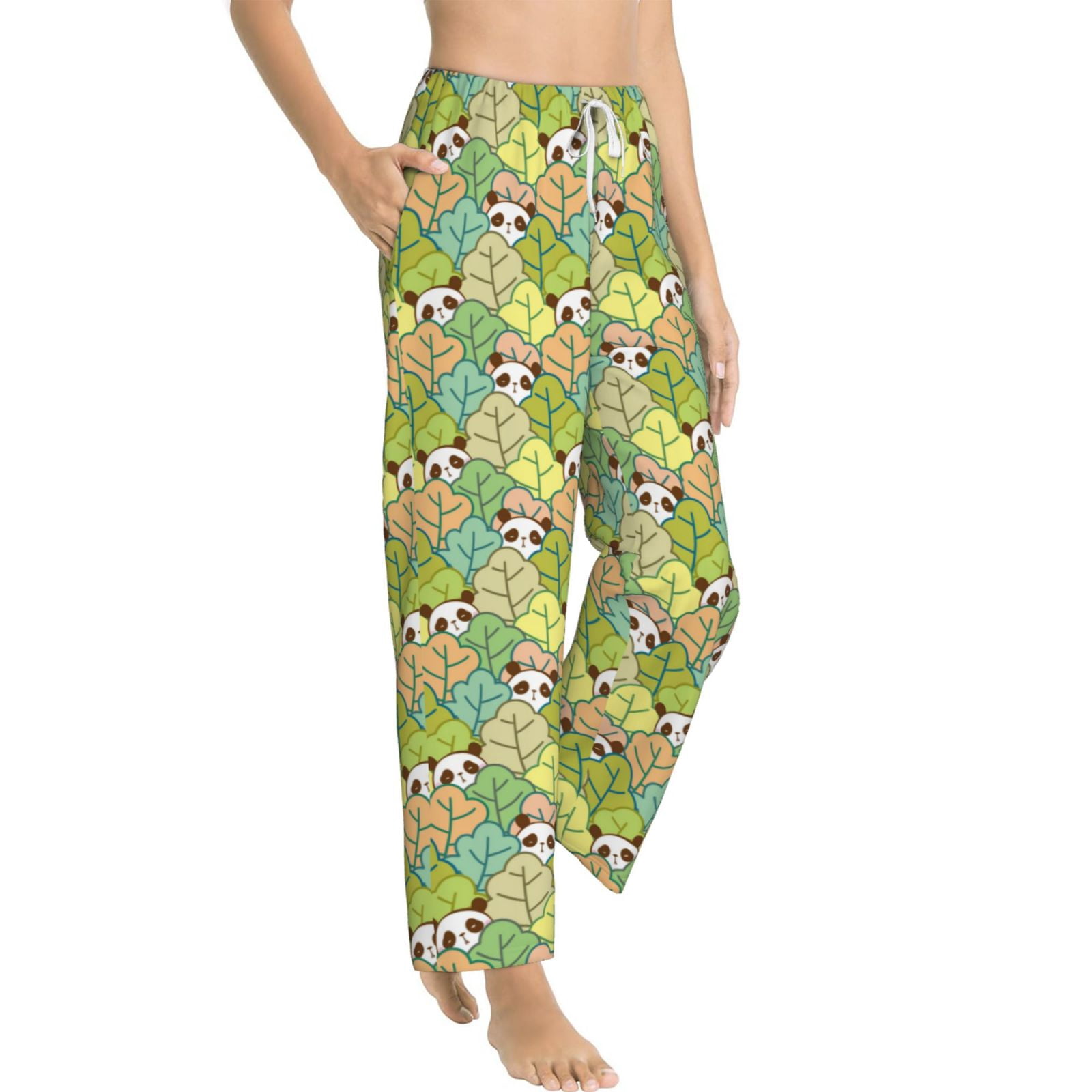 Goofa Cartoon Panda And Leaf Printed Soft Pajama Pants for Women, Wide ...