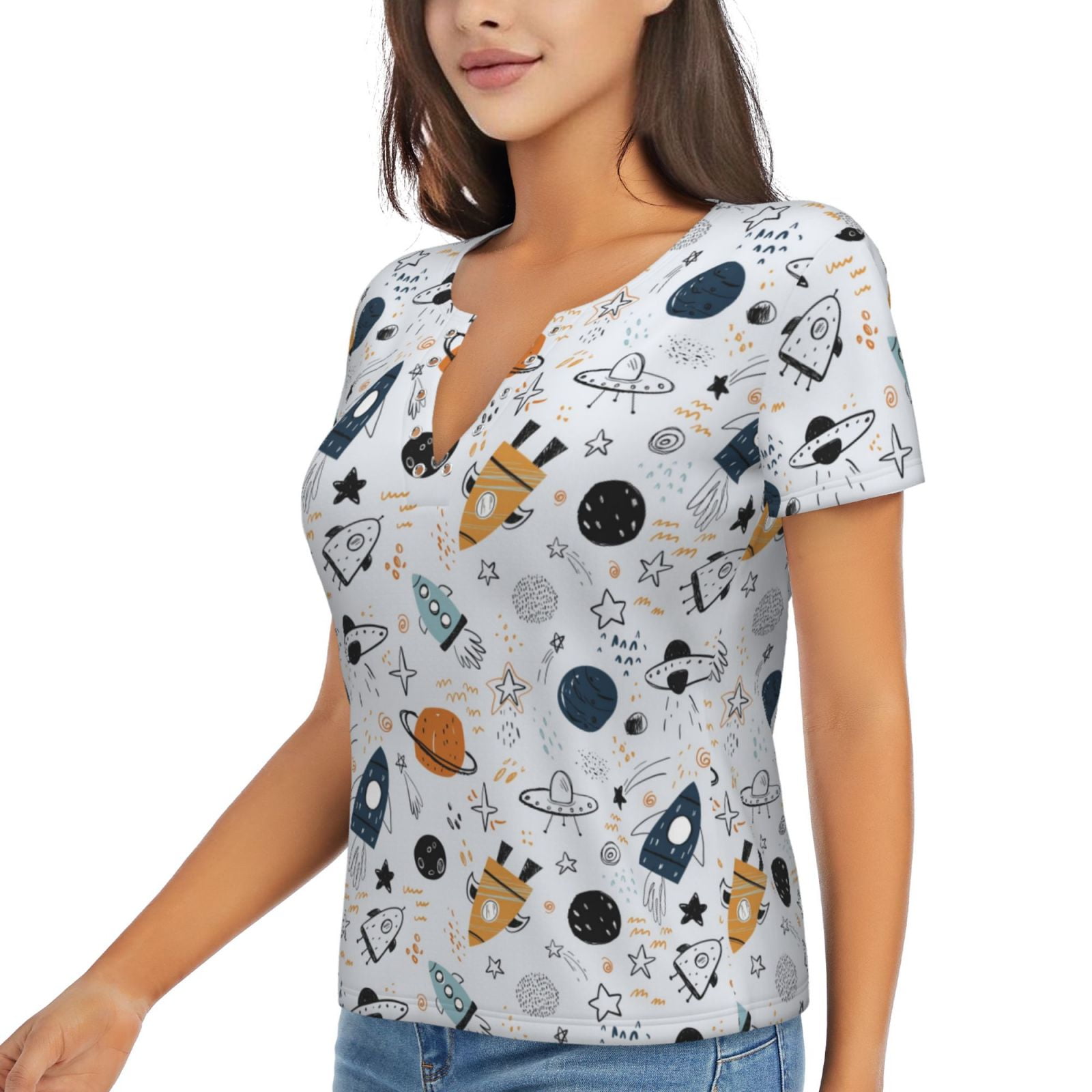 Goofa Cartoon Planets Pattern Womens Deep V Neck Low Cut Tops Casual ...