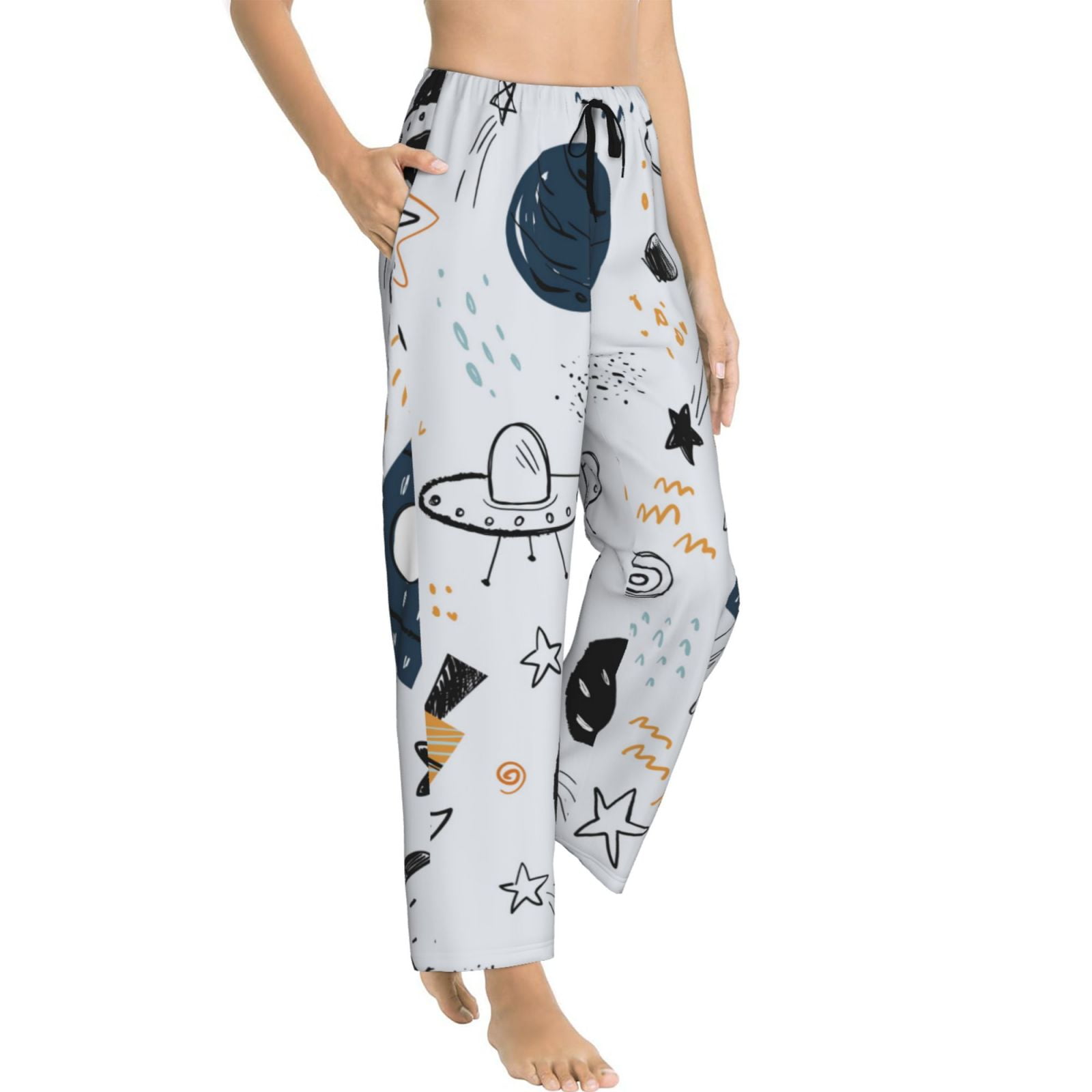 Goofa Cartoon Planets Printed Soft Pajama Pants for Women, Wide Leg ...