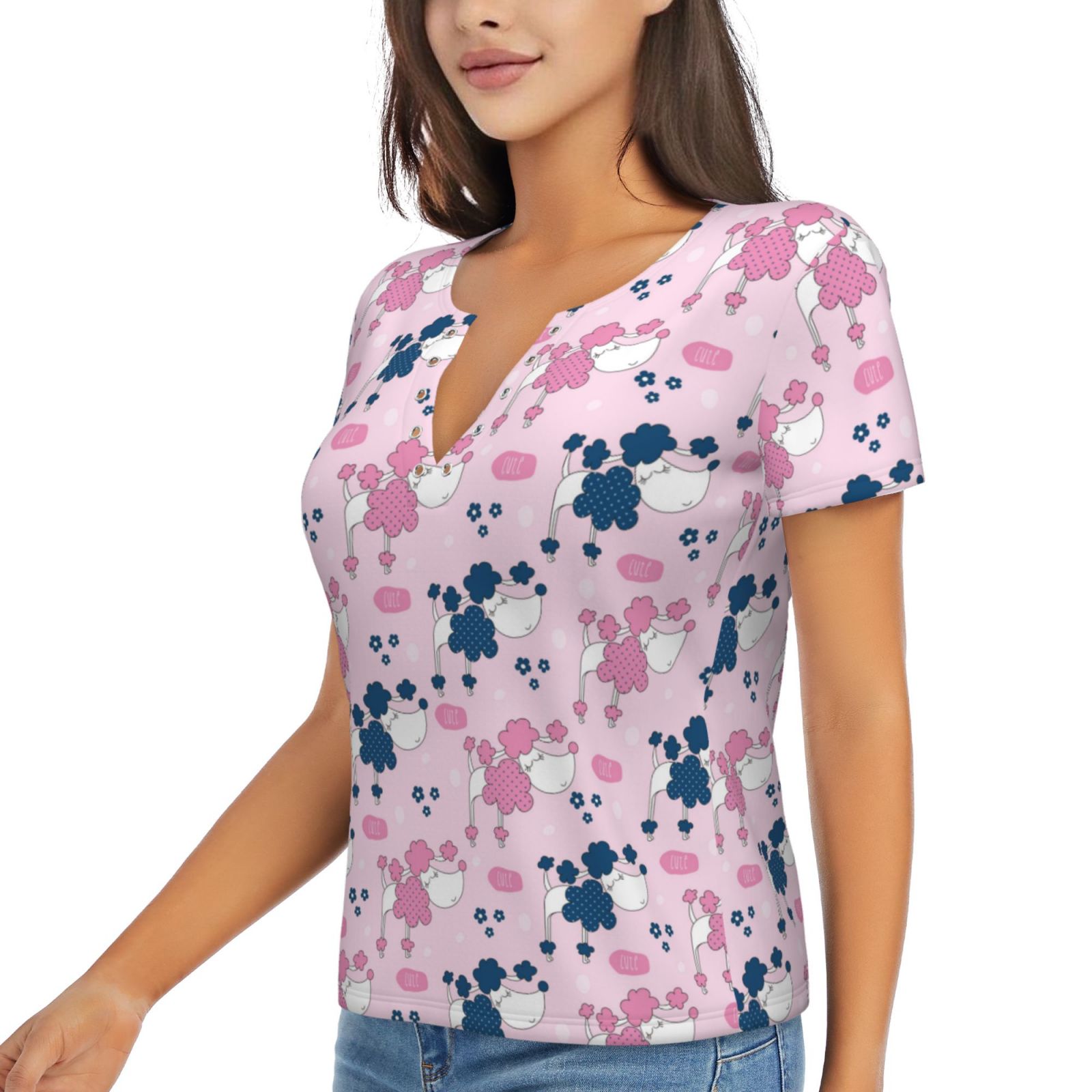 Goofa Cartoon Poodle Dog Pattern Womens Deep V Neck Low Cut Tops Casual ...