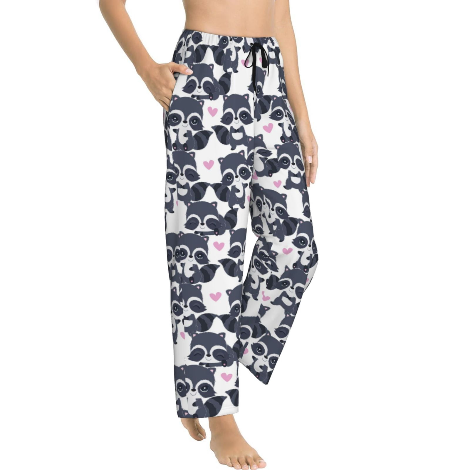 Goofa Cartoon Raccoon Printed Soft Pajama Pants for Women, Wide Leg ...